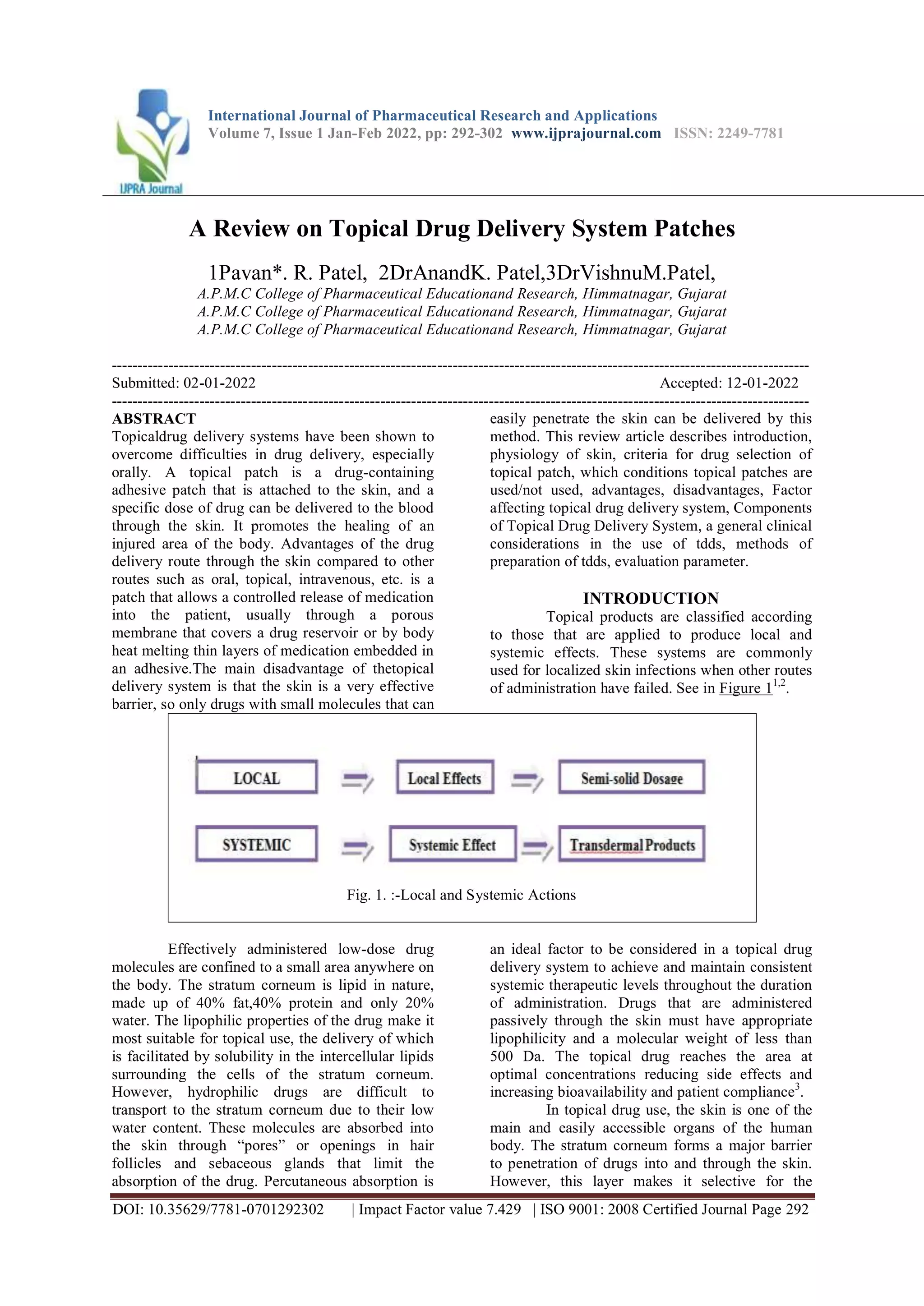 A Review on Topical Drug Delivery System Patches | PDF