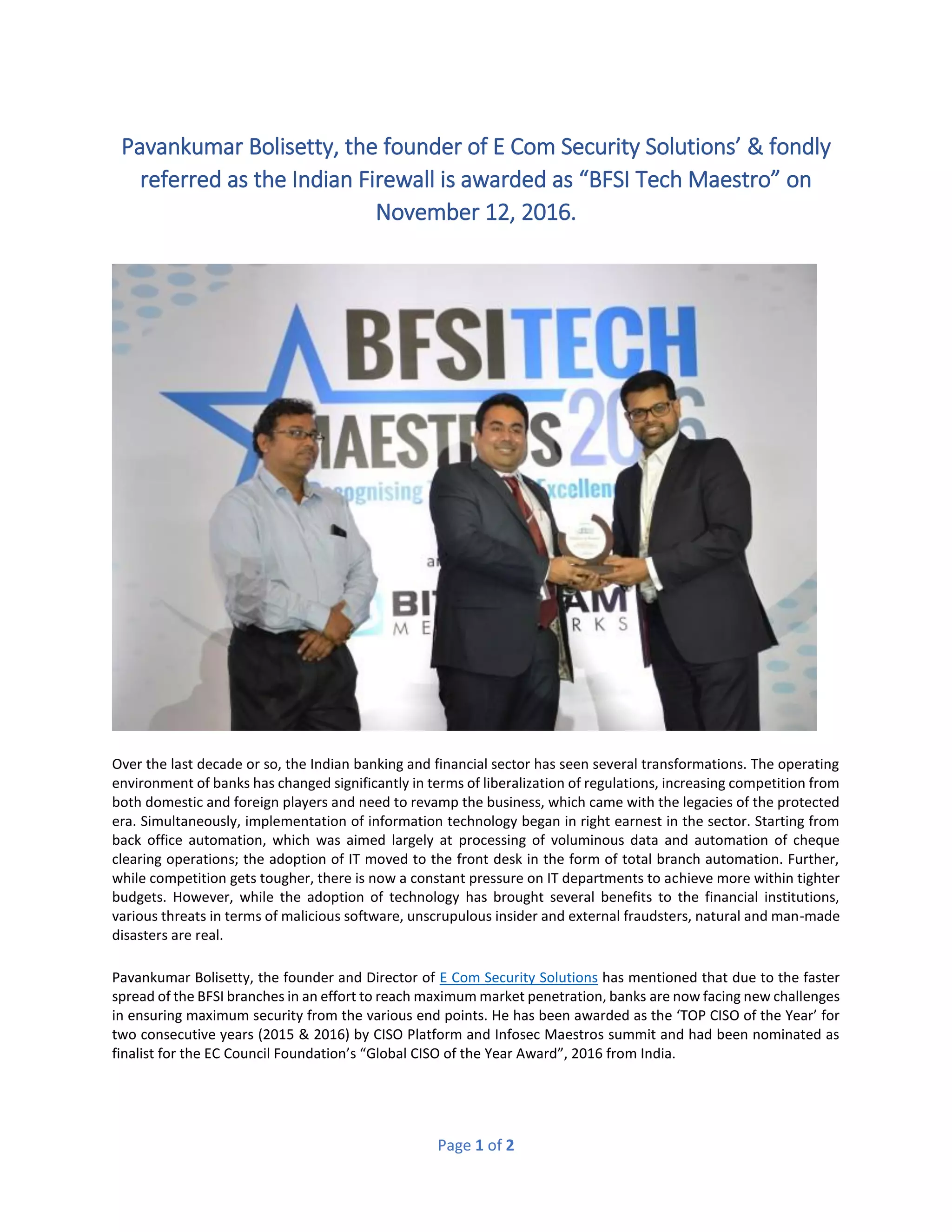 Pavankumar bolisetty is the Winner of BFSI Tech Maestro Award | PDF
