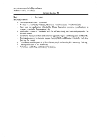 Pavan Kumar M - MicroStrategy Architect and Developer | PDF