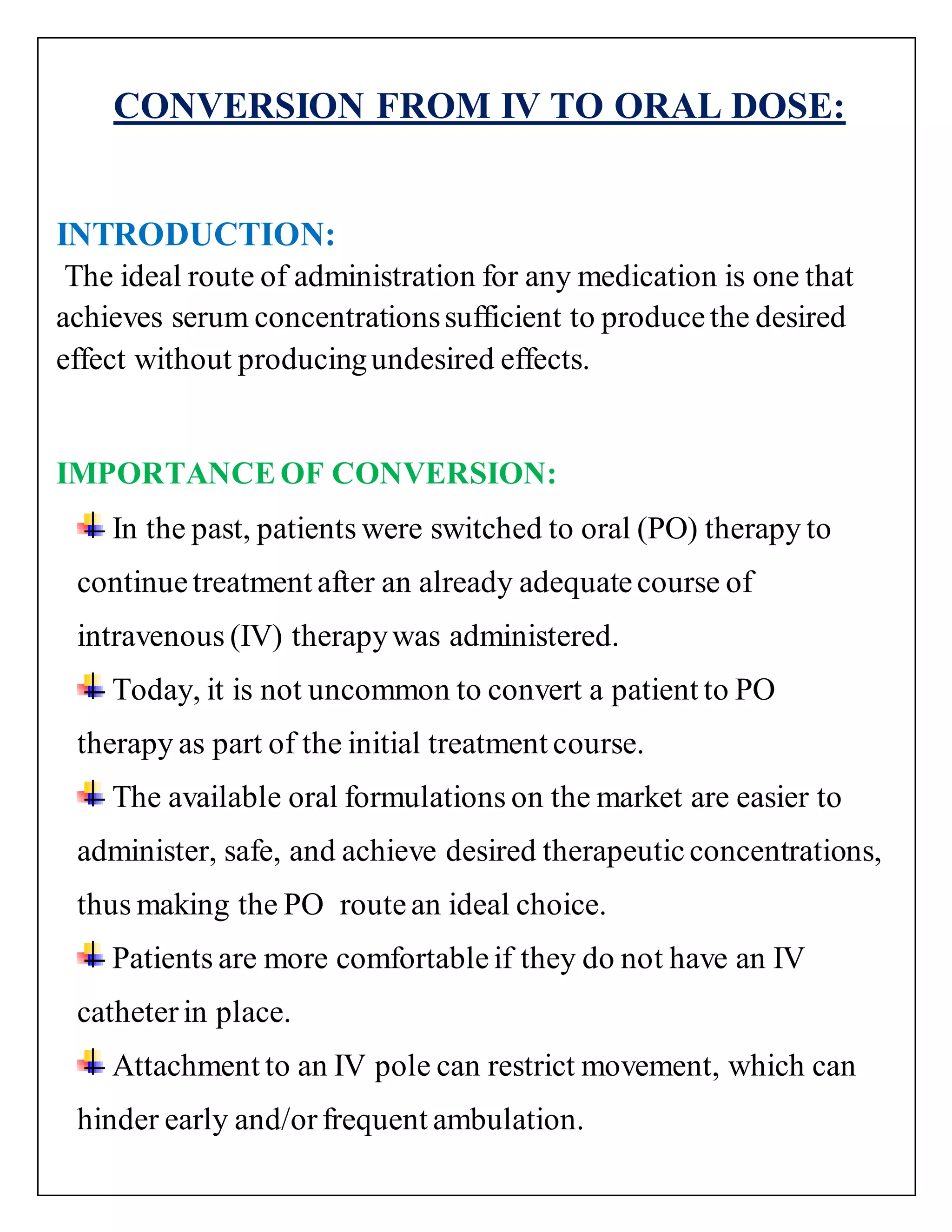 conversion from INTRAVENOUS TO ORAL DOSING----- design of dosage regimen | DOCX