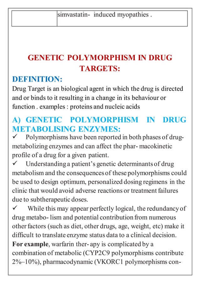Genetic polymorphism in drug transport and drug targets. | DOCX