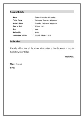 Indian Student Resume Format For Job