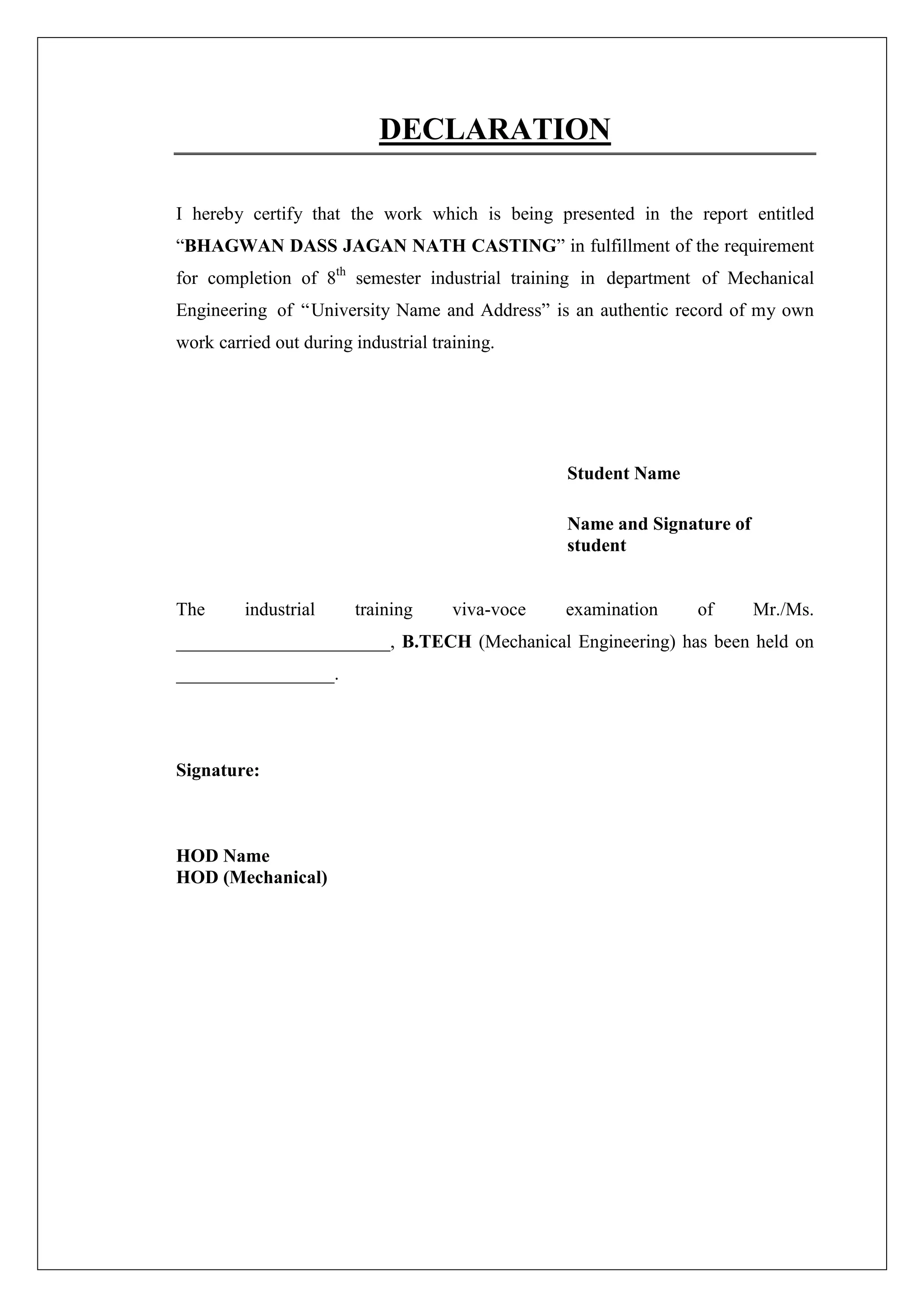 TRAINING REPORT ON CASTING