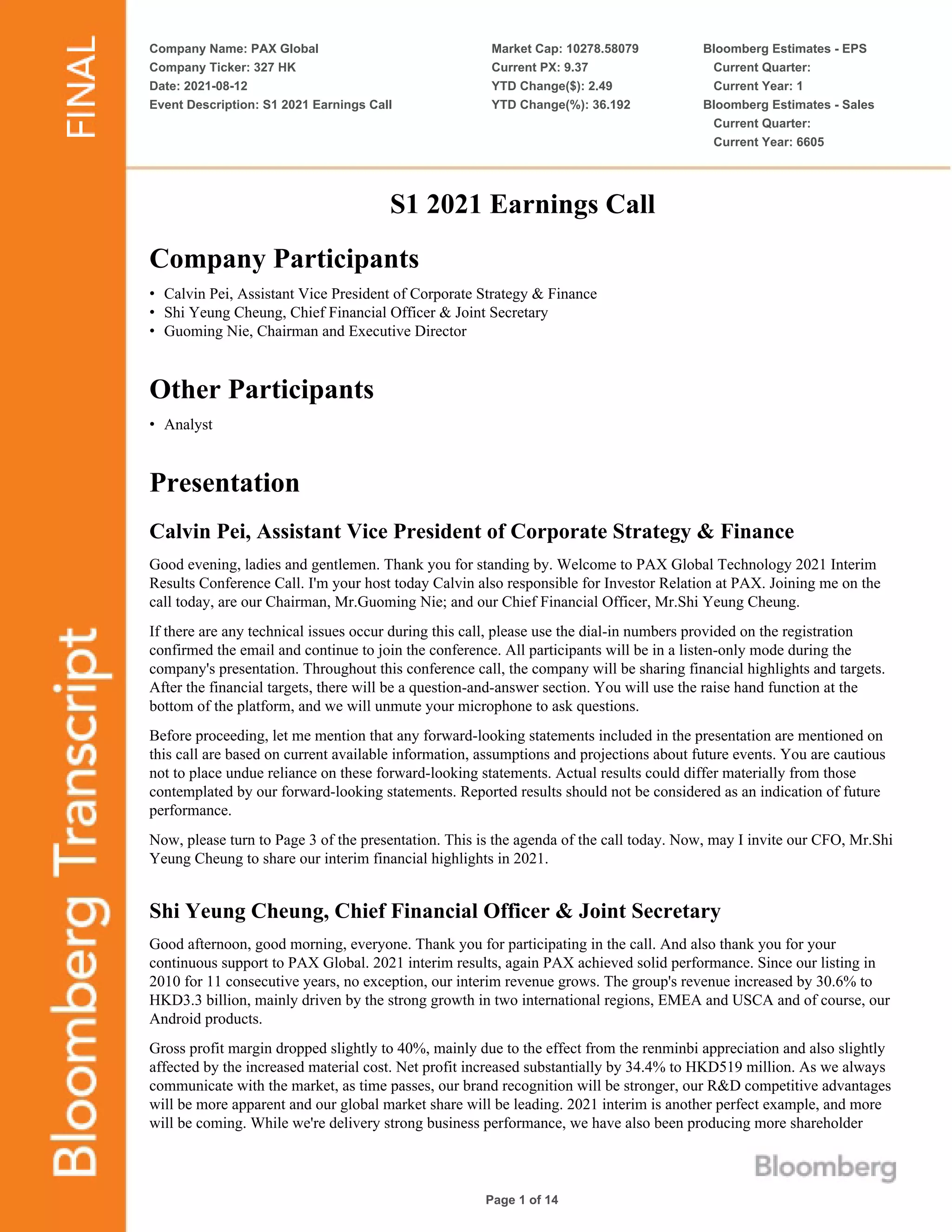 Pax global 2021 interim result transcript | PDF