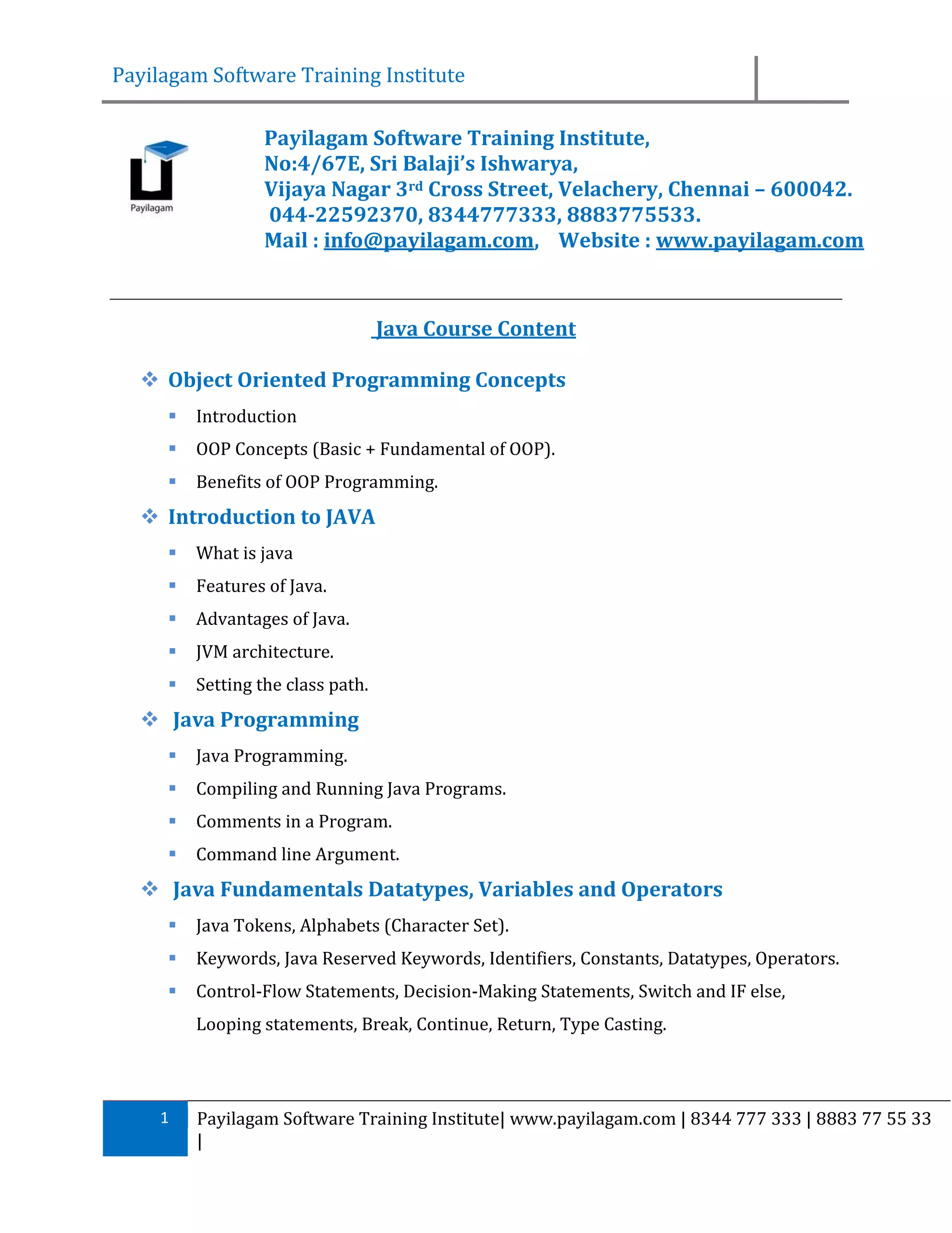 Java Training in Chennai - Payilagam Syllabus | PDF