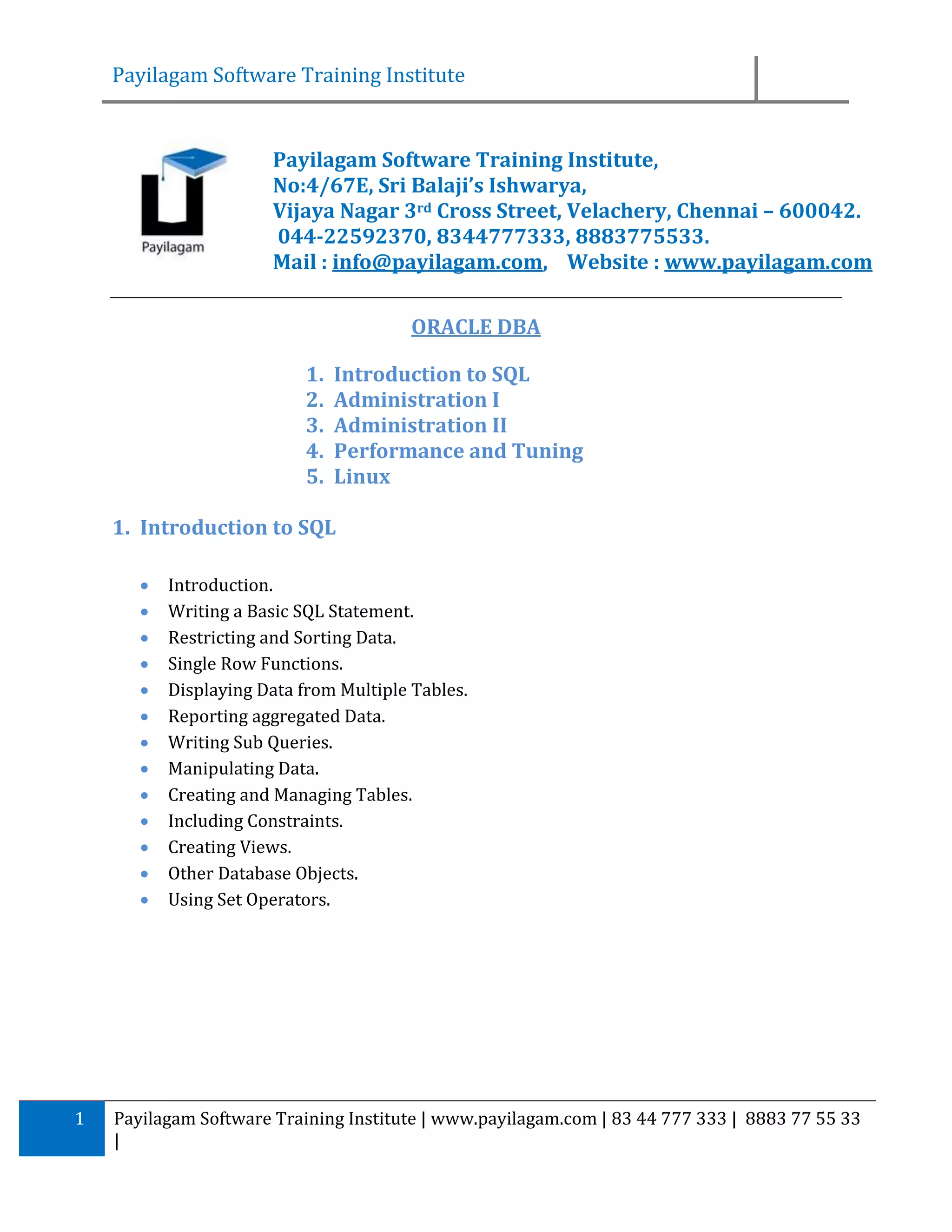 Payilagam oracle dba training syllabus | PDF