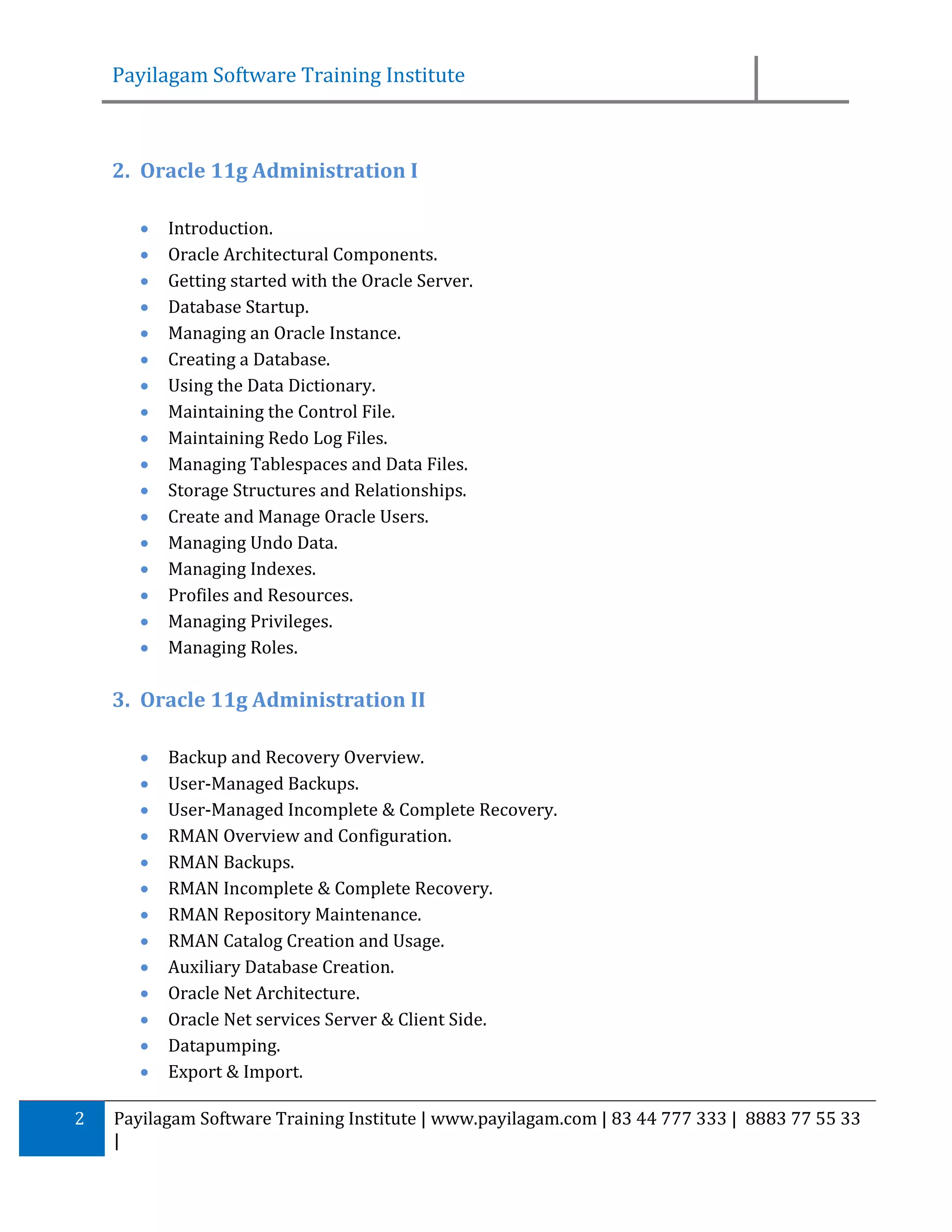 Payilagam Oracle Dba Training Syllabus Pdf