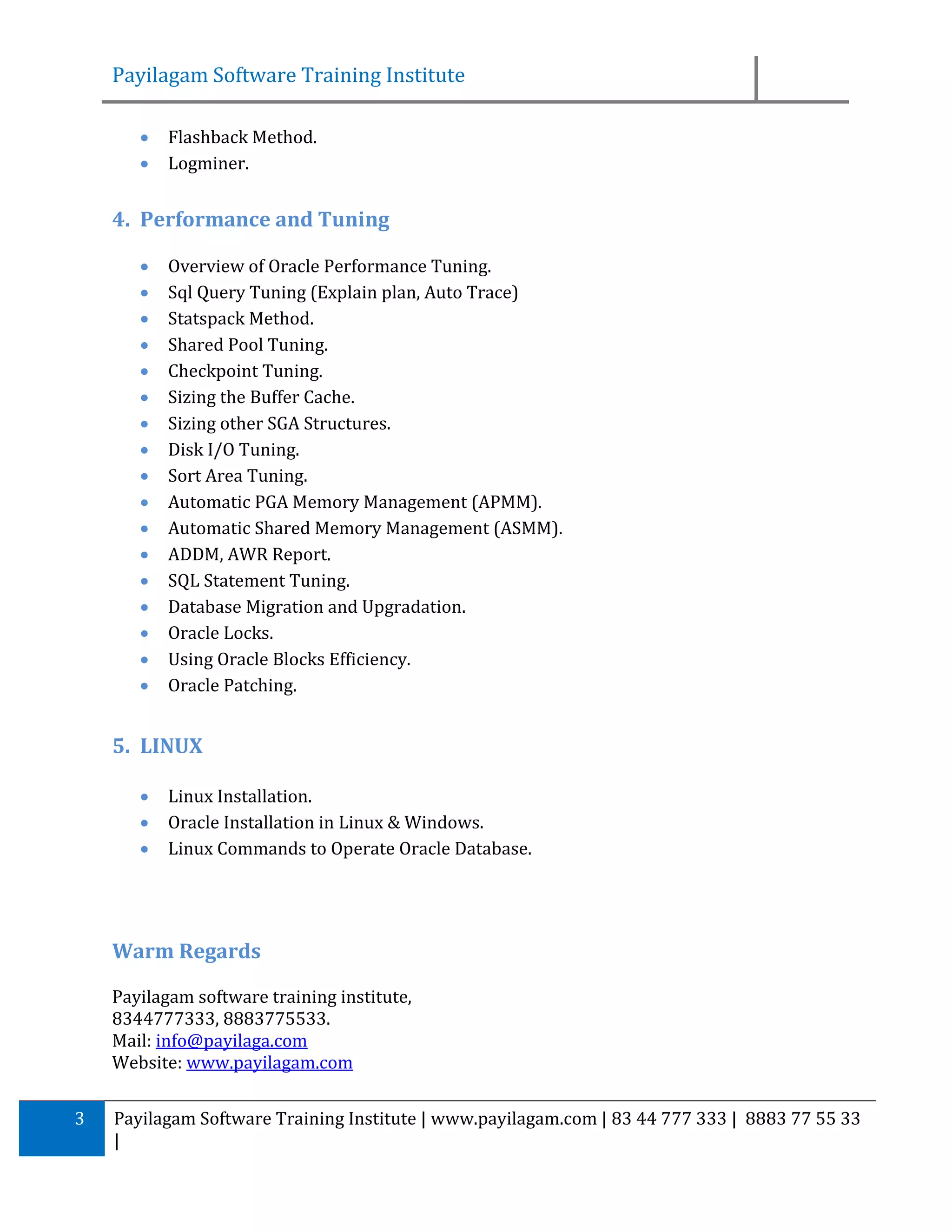 Payilagam oracle dba training syllabus | PDF