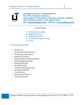 Payilagam oracle dba training syllabus | PDF | Databases | Computer Software and Applications