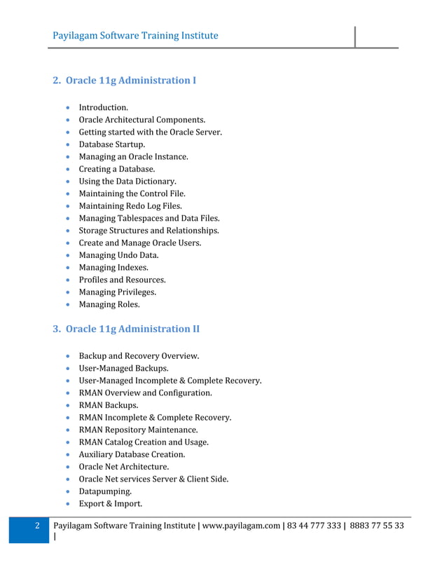 Payilagam oracle dba training syllabus | PDF | Databases | Computer Software and Applications