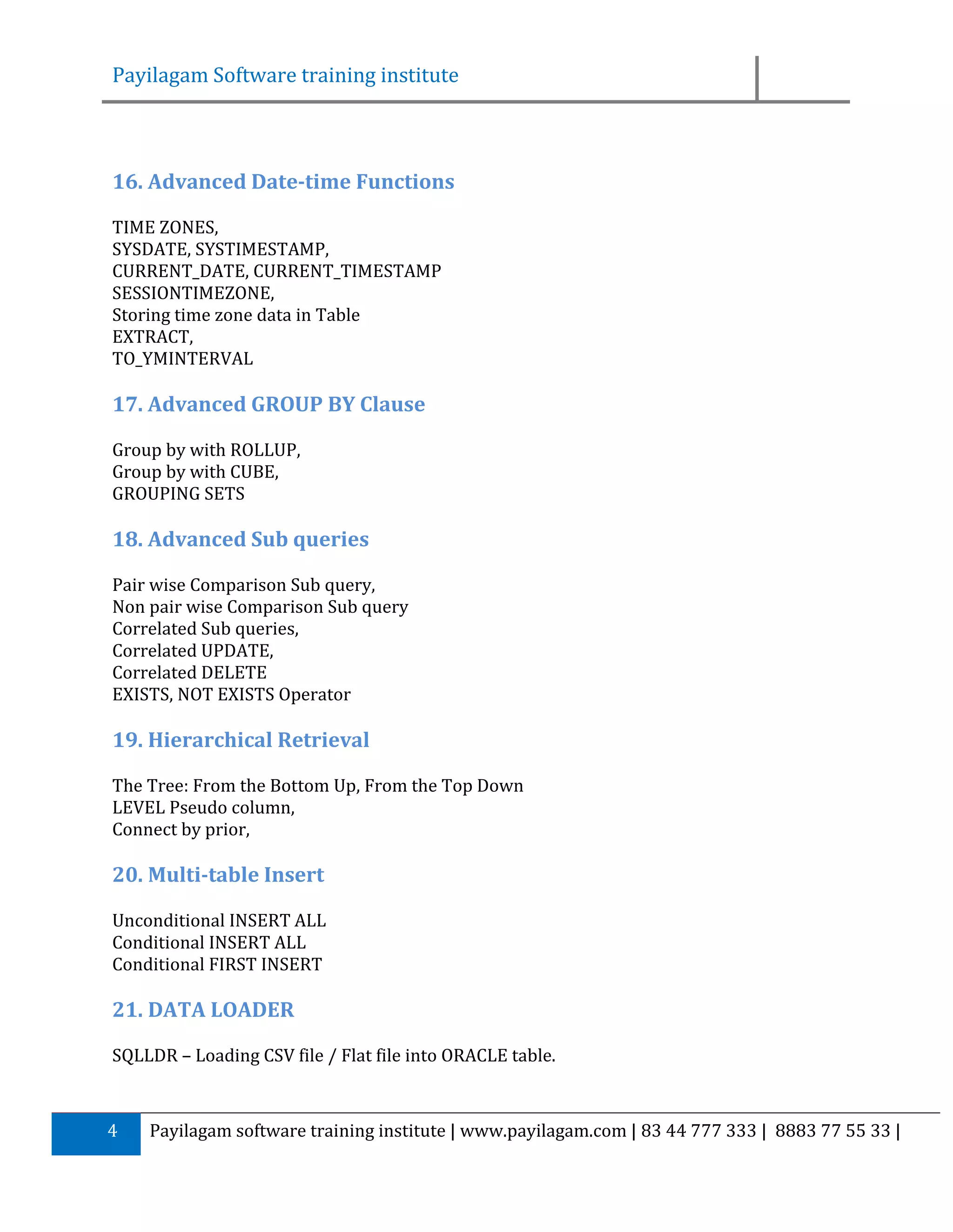 Payilagam Oracle Sql Training Syllabus Pdf