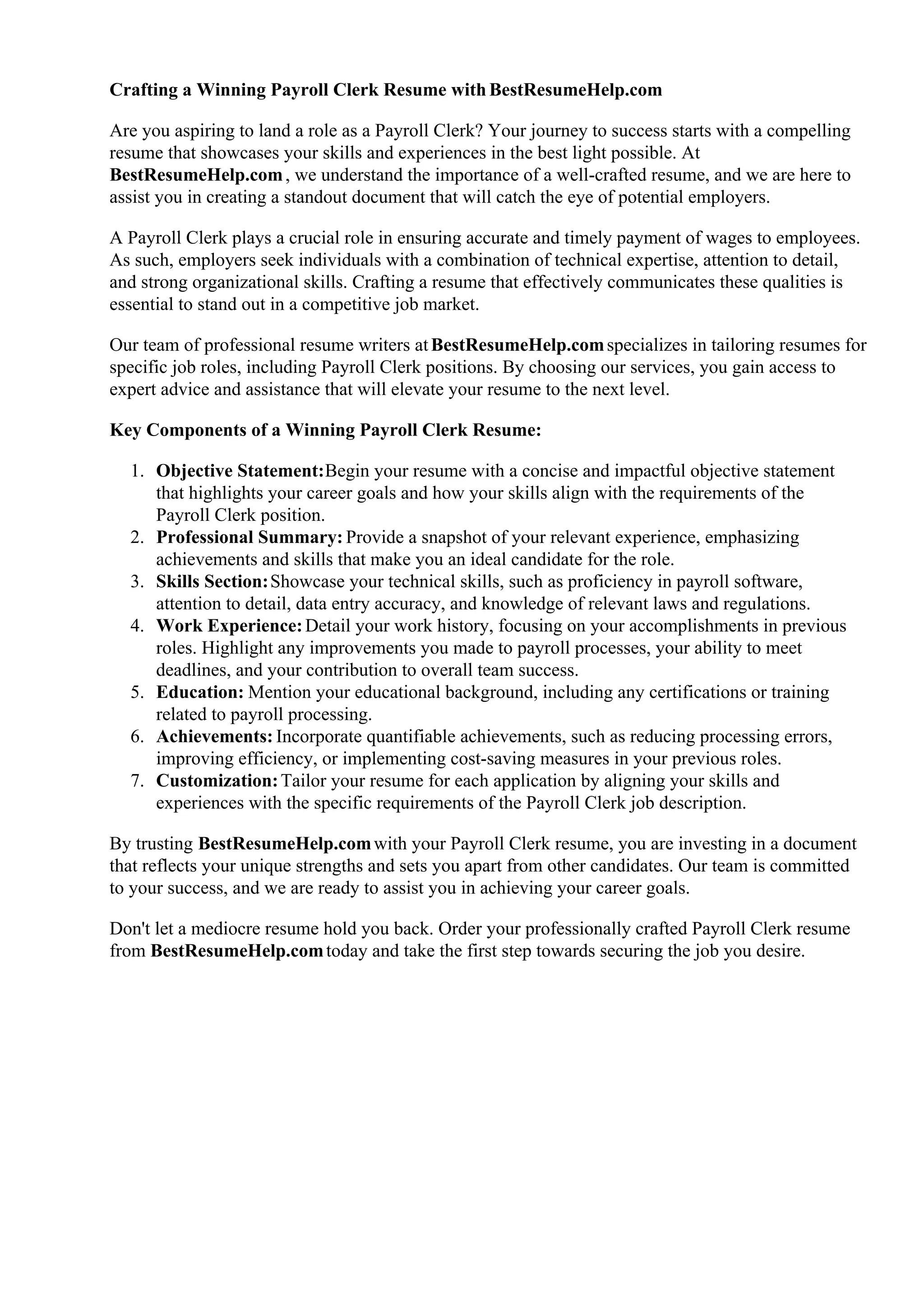 Payroll Clerk Resume. Dont let a mediocre resume h | PDF