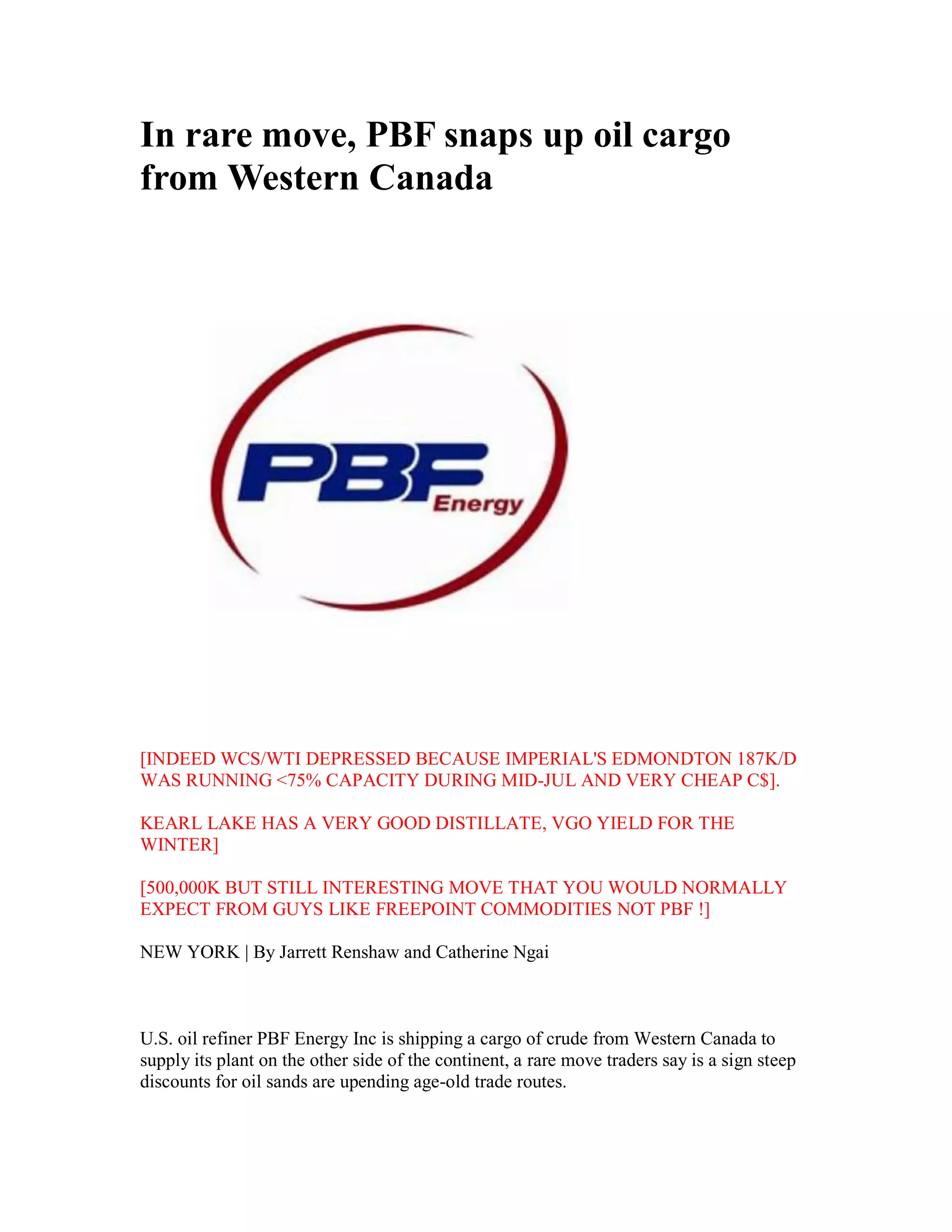 PBF Energy snaps up oil cargo from western canada | PDF