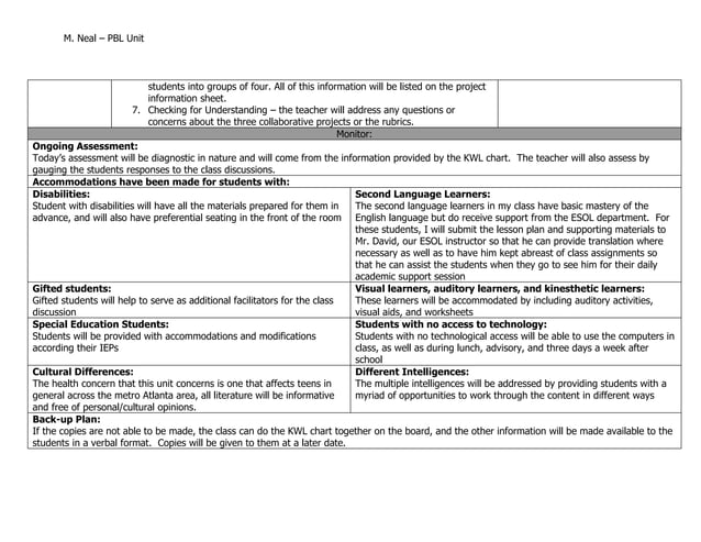 Pbl lesson plan a | DOCX | Special Education | Education