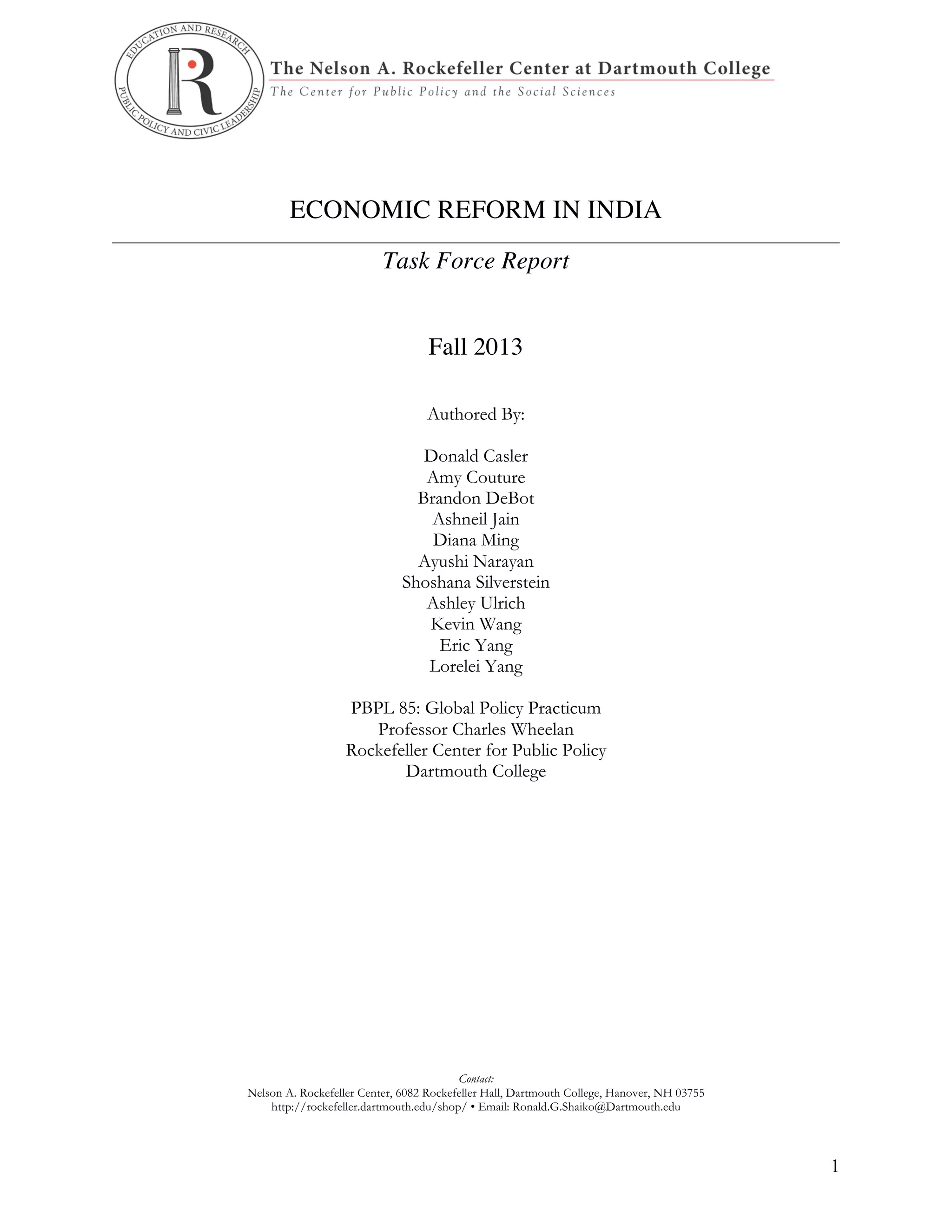 PBPL 85: Economic Reform in India - Task Force Report (Fall 2013) | PDF