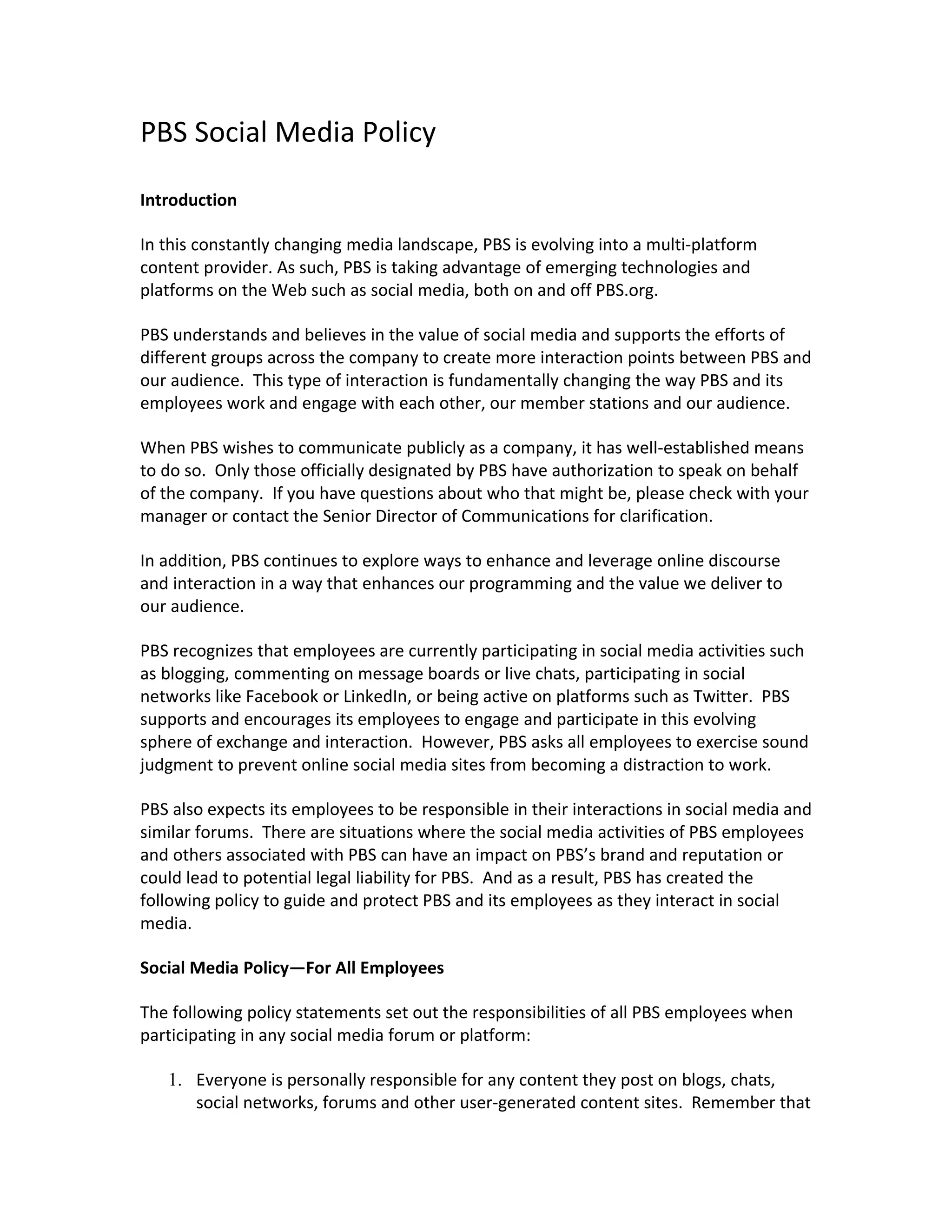 PBS Employee Social Media Policy | DOC