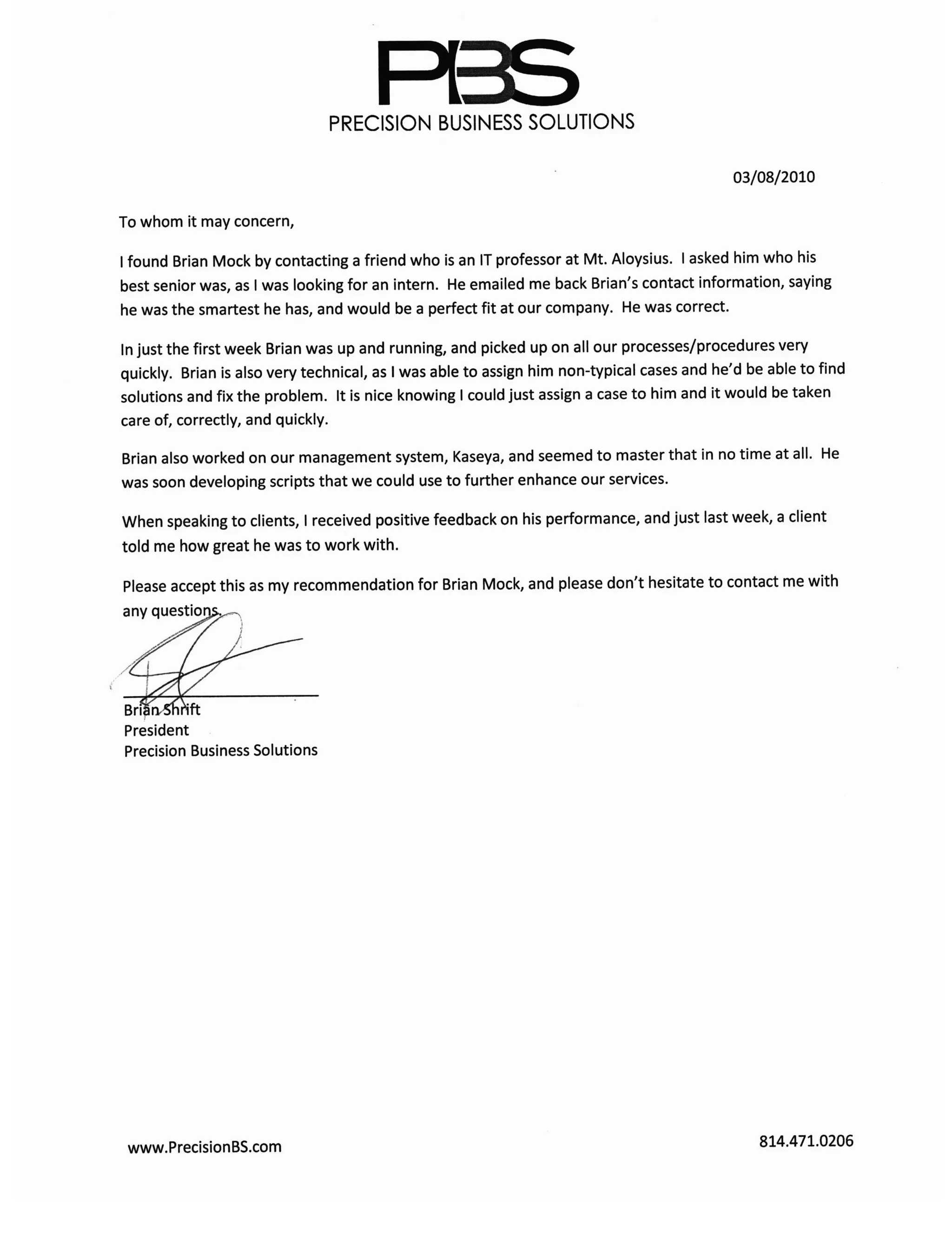 Letter of Recommendation, Brian Mock | PDF