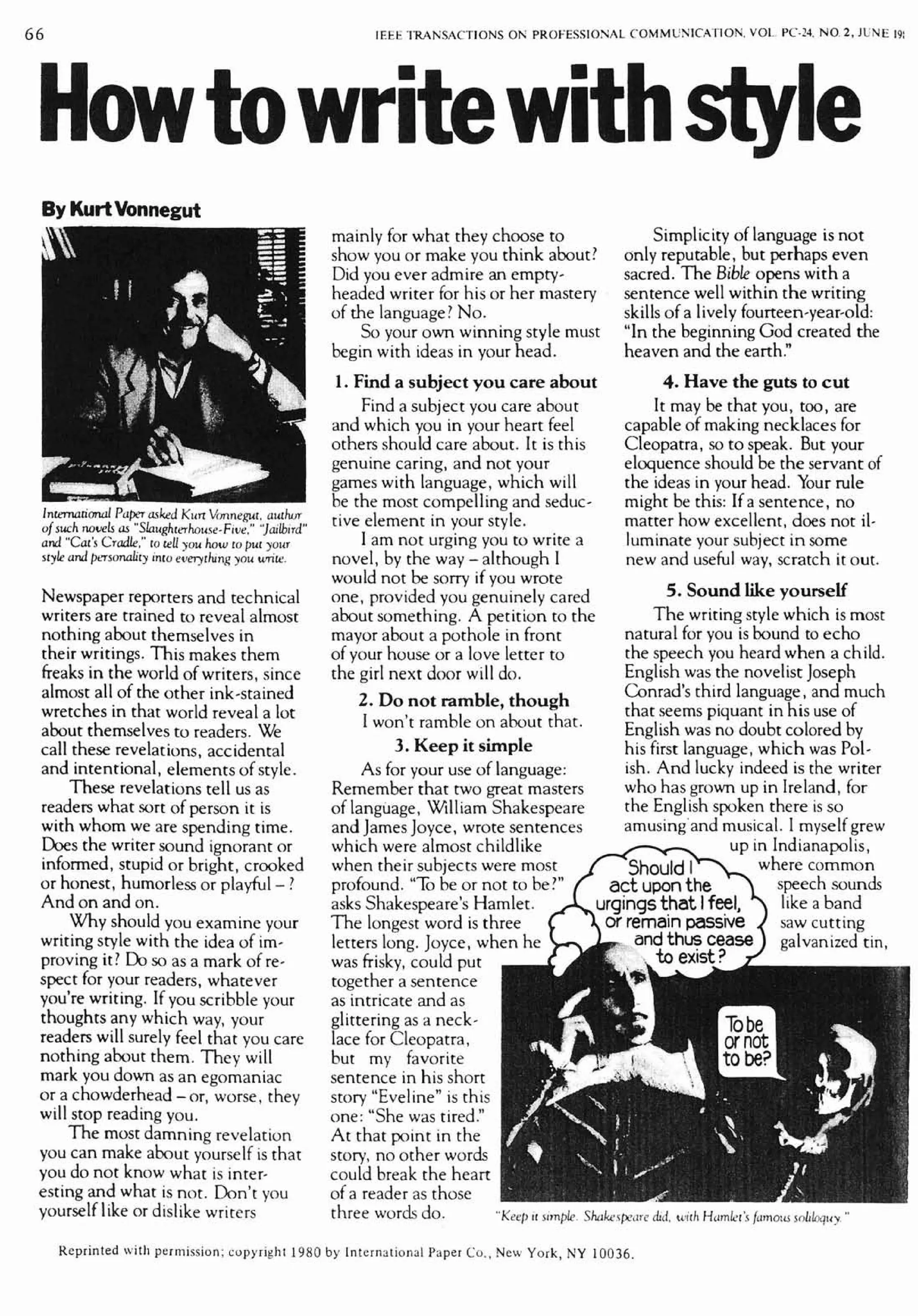 Writing with style - Kurt Vonnegut | PDF