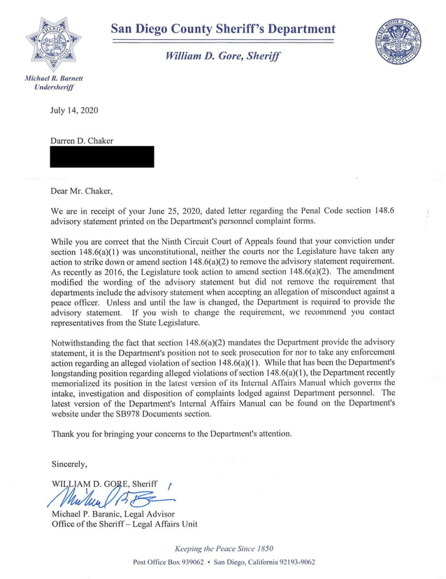 Darren Chaker Penal Code 148.6 Removed by Sheriff | PDF