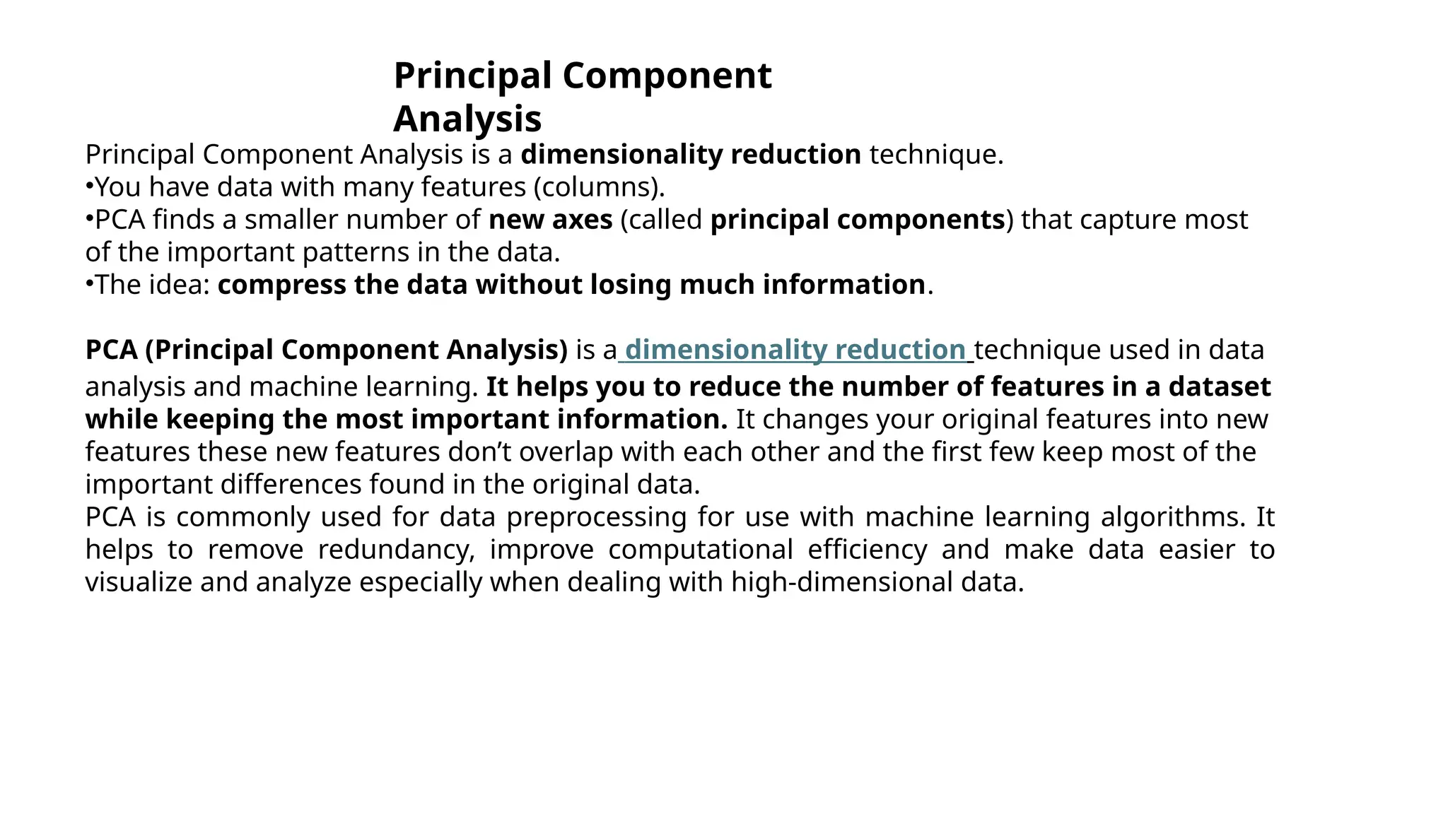 principle component analysis role in machine learning | PPTX