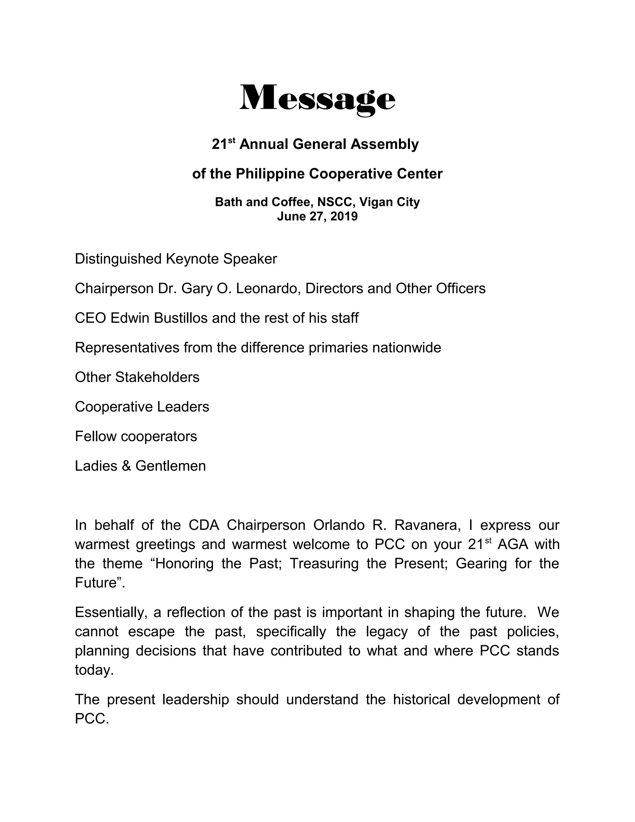 Message to PCC on their 21st Annual General Assembly | DOC