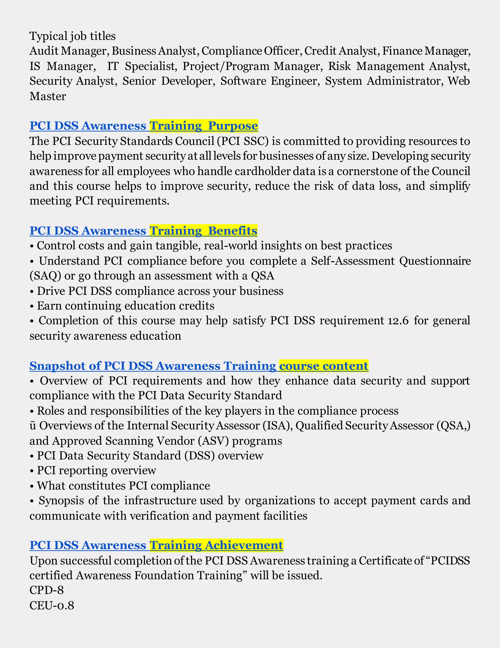 PCI DSS | PCI DSS Training | PCI DSS AWARENESS TRAINING | DOCX ...