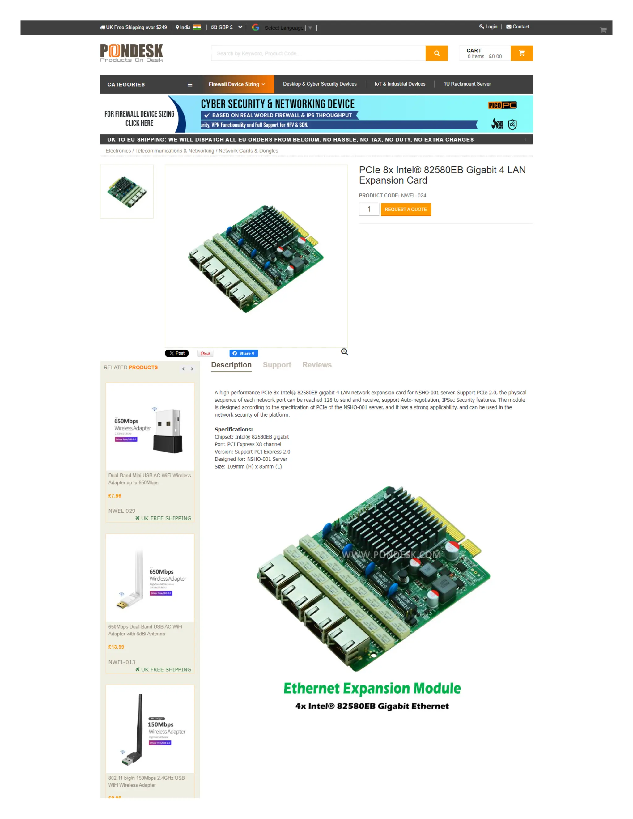PCIe 8x Intel® 82580EB Gigabit 4 LAN Expansion Card | PDF