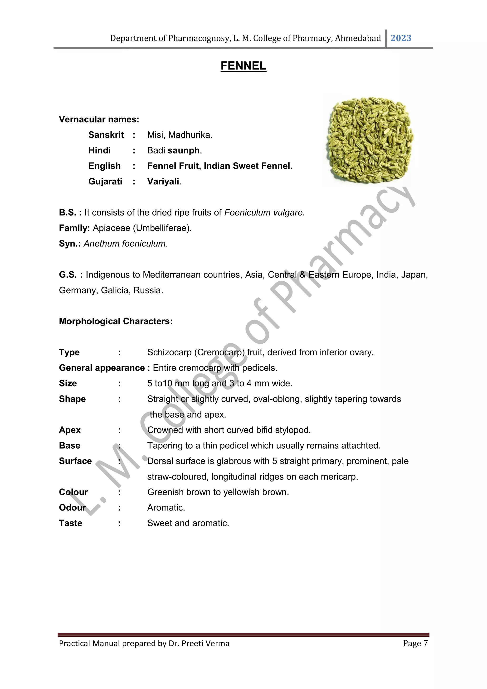 Introduction to umbelliferous fruits. Morphology of fennel & cardamom | PDF