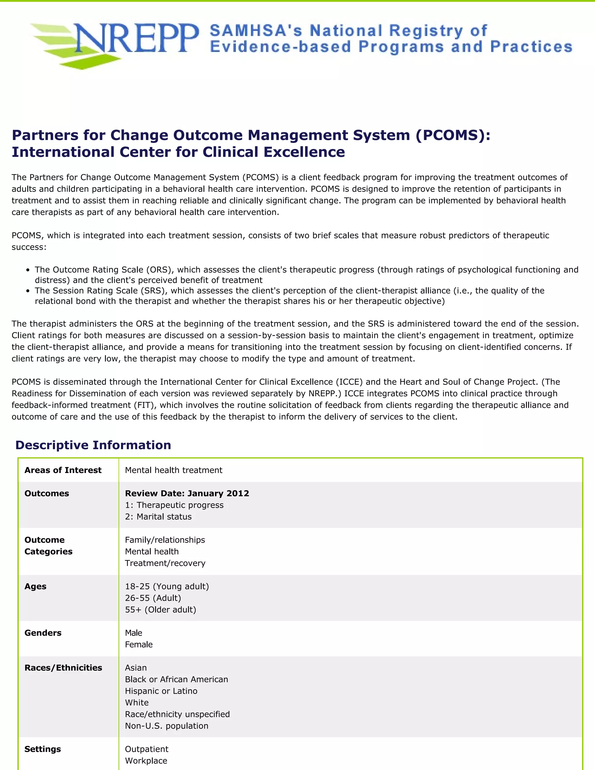 PCOMS ICCE SAMHSA Review | PDF