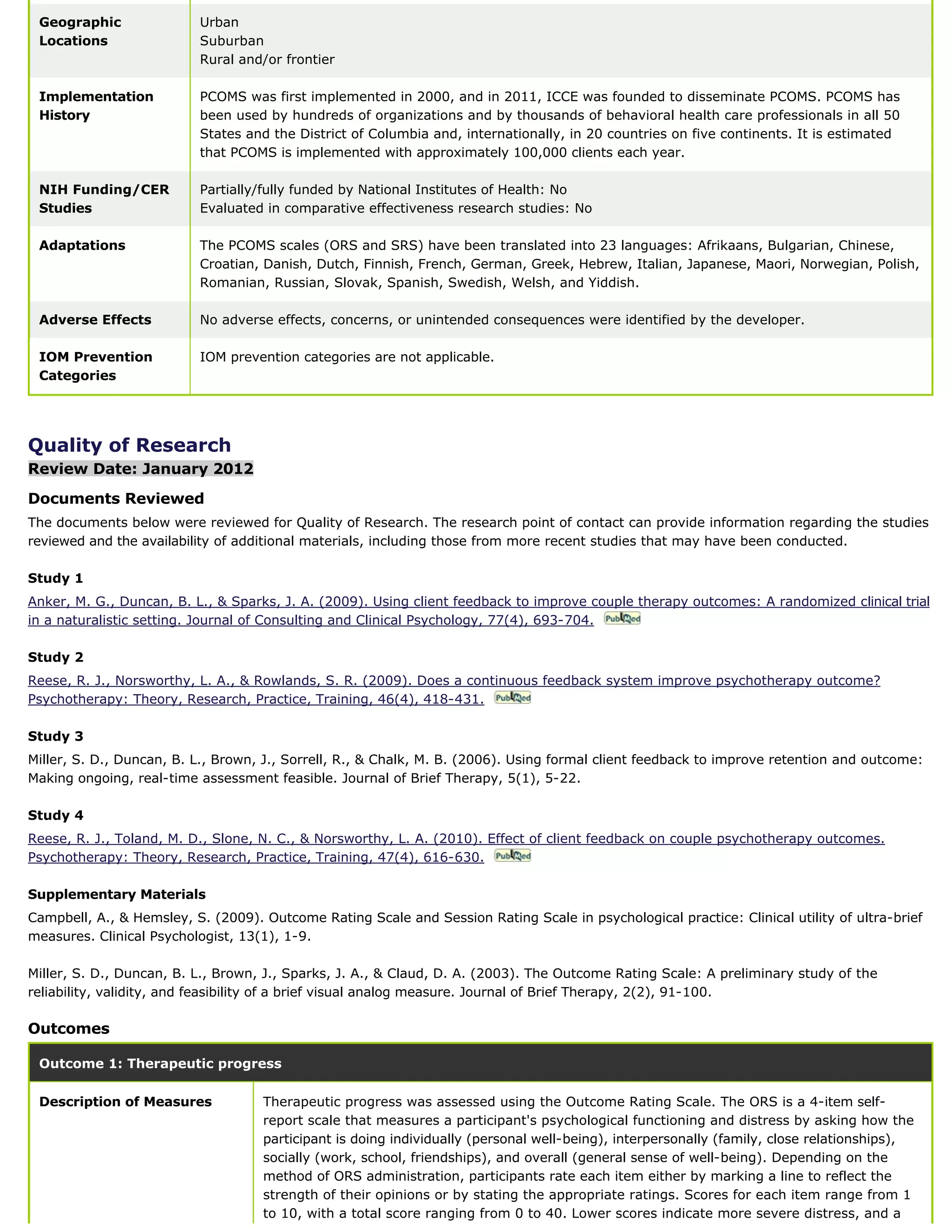PCOMS ICCE SAMHSA Review | PDF