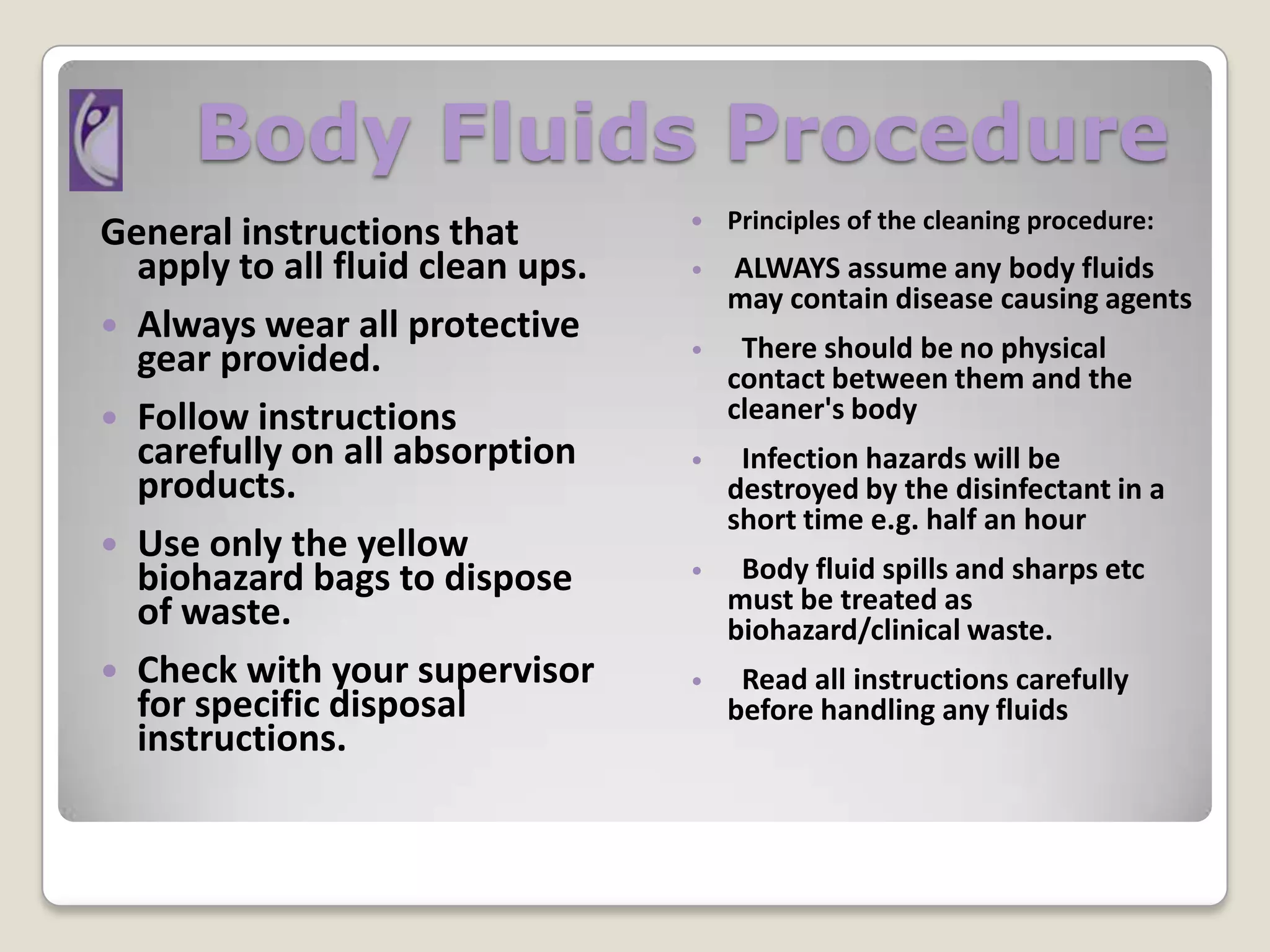 109 Clean & Dispose of Body Fluids & Hazardous Items | PPTX