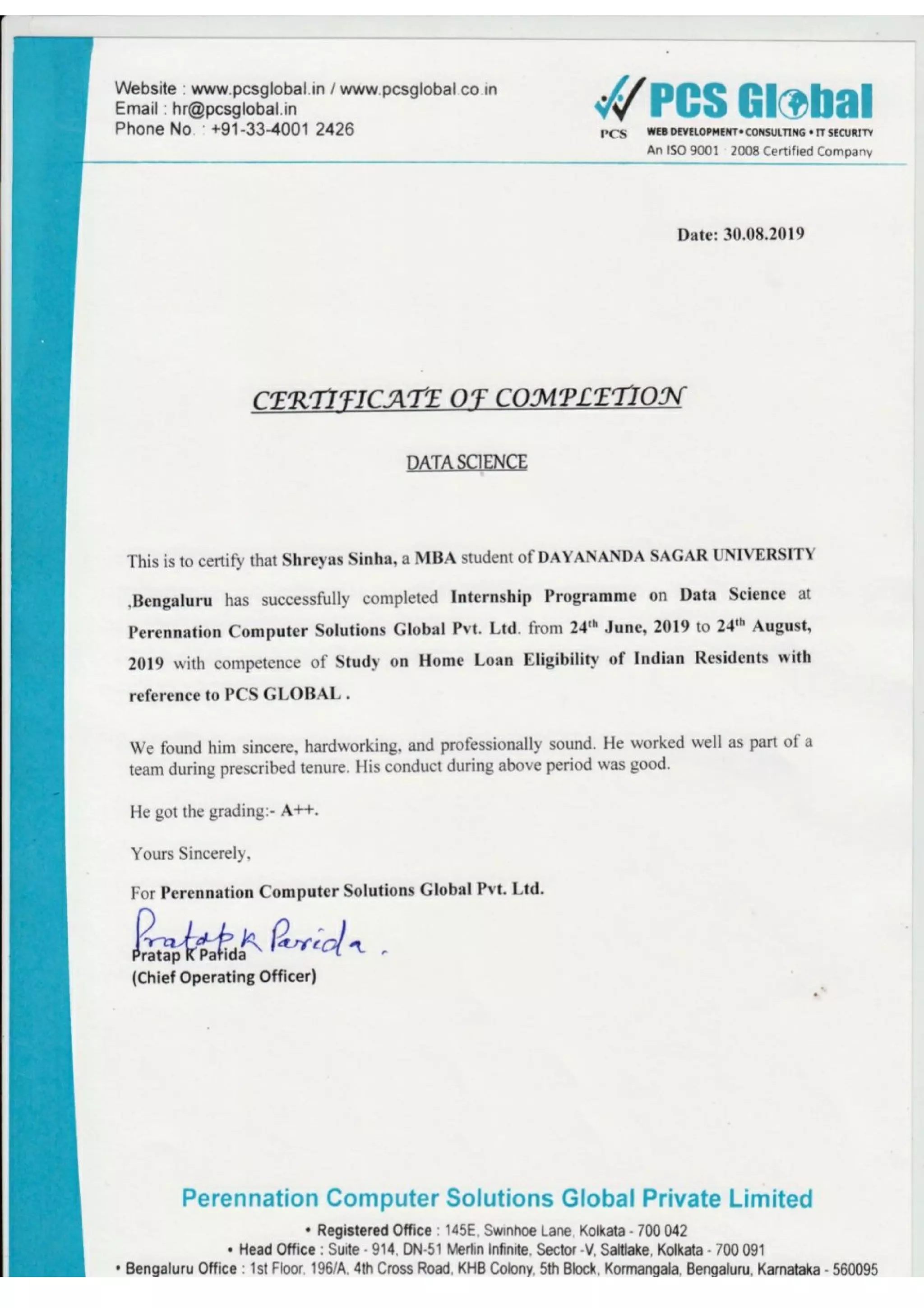 PCS Global Internship Completion Certificate | PDF