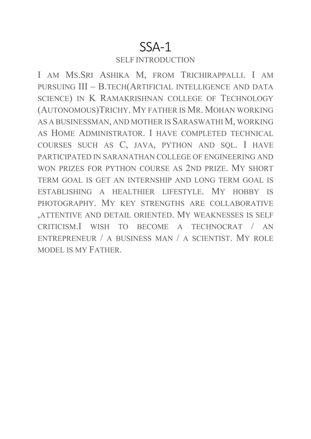 Communication assignment self introduction | PDF