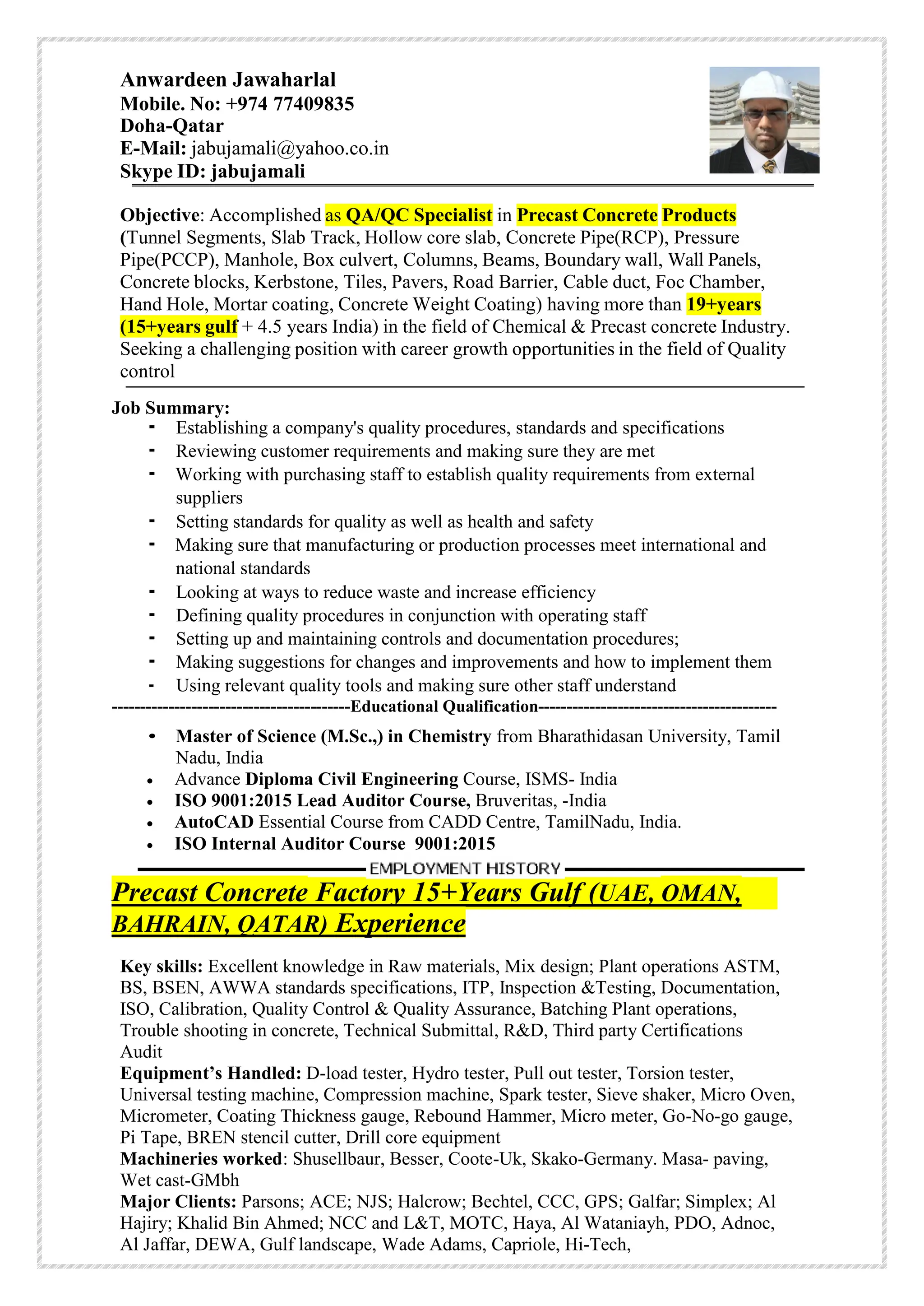 Precast QAQC Manager CV | PDF