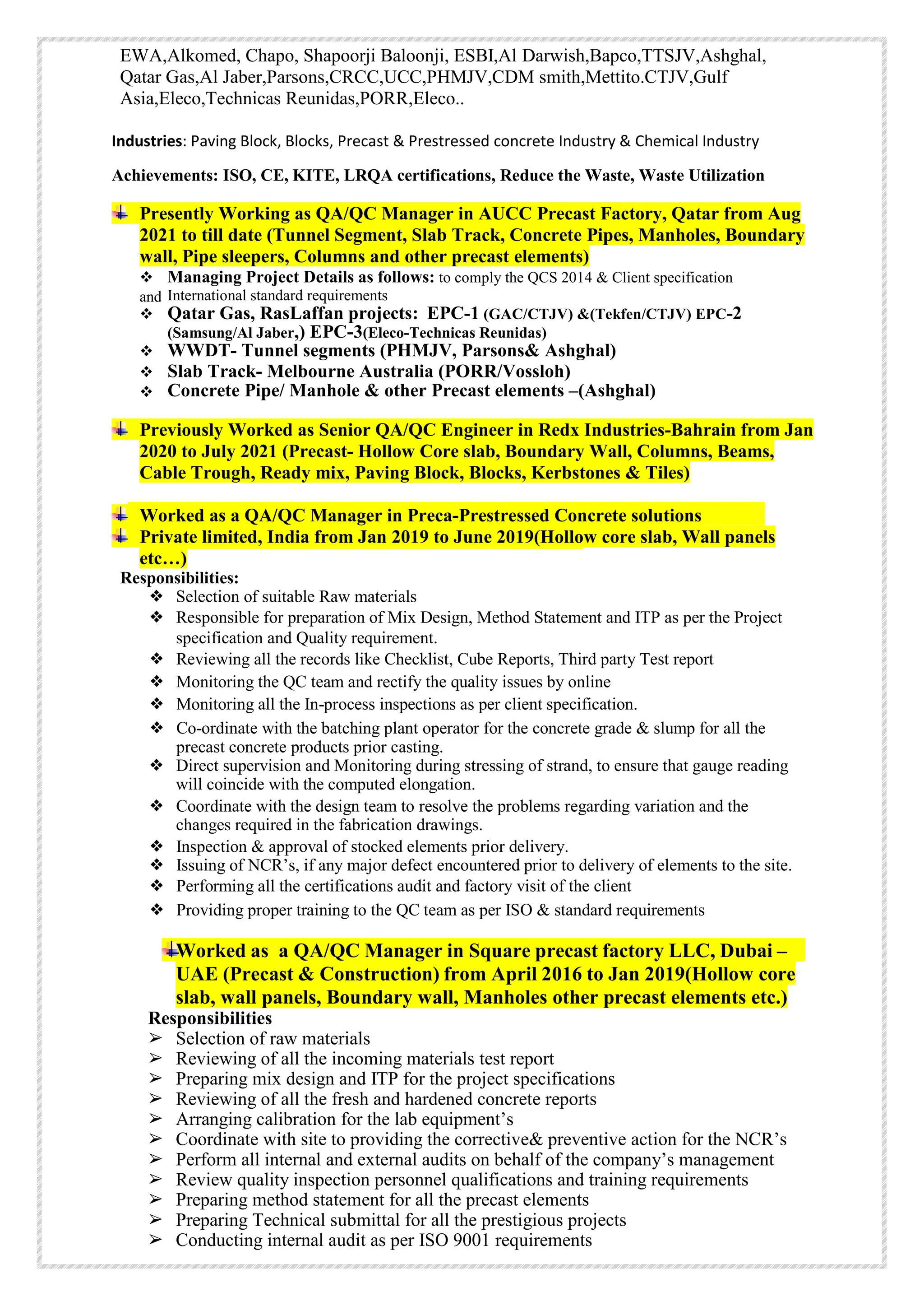 Precast QAQC Manager CV | PDF
