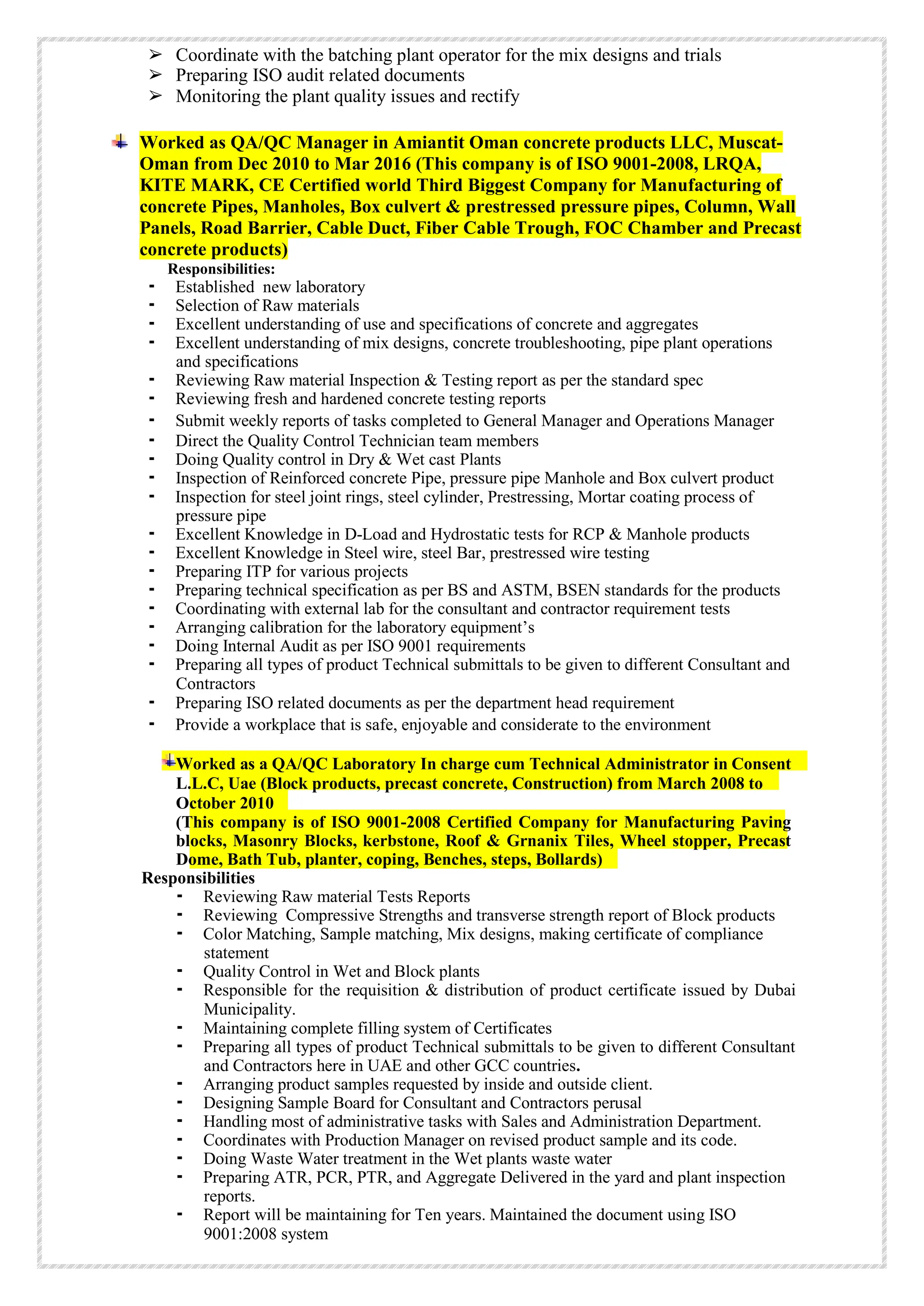 Precast QAQC Manager CV | PDF