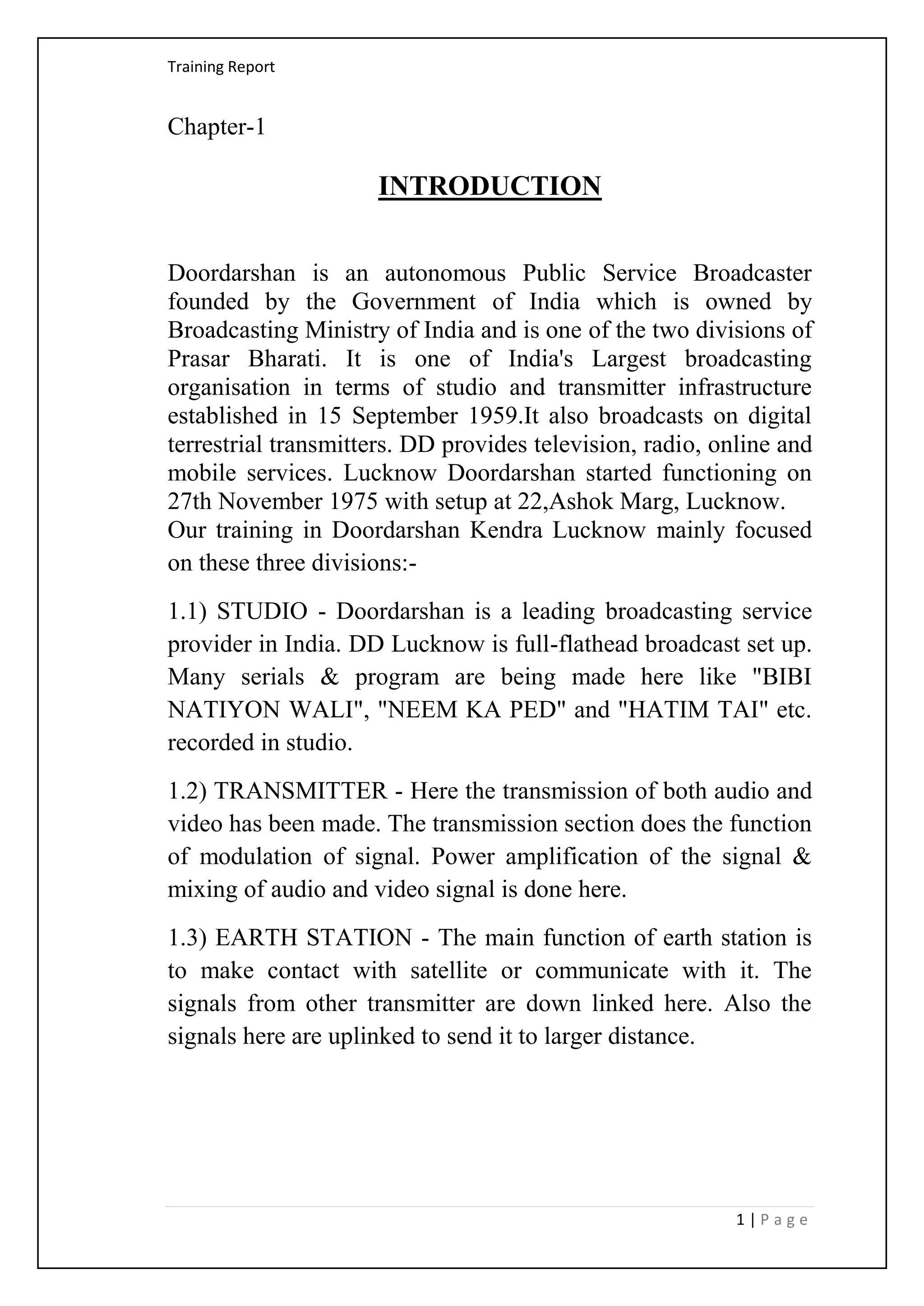 Doordarshan Lucknow Summer Training Report | PDF