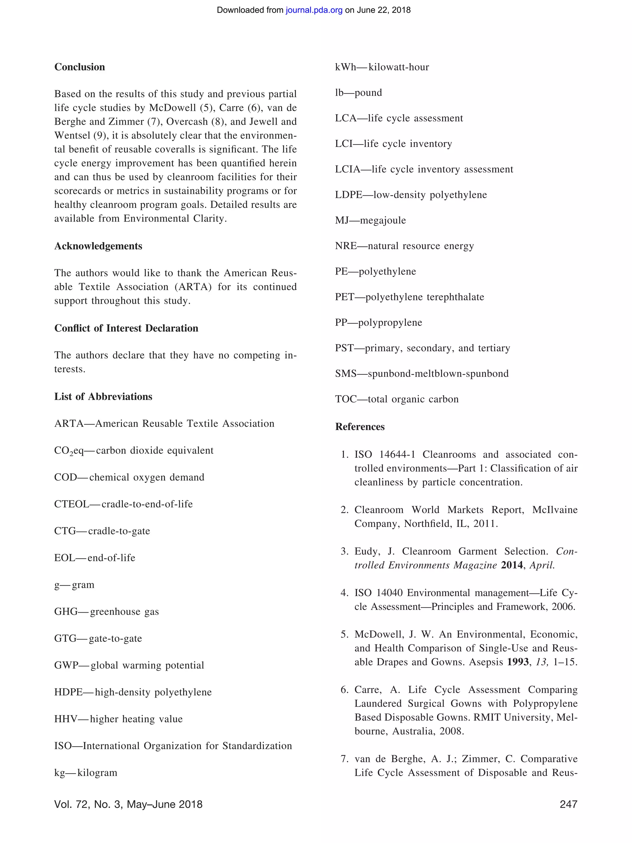 RESEARCH Life Cycle Assessment of Reusable and Disposable Cleanroom ...