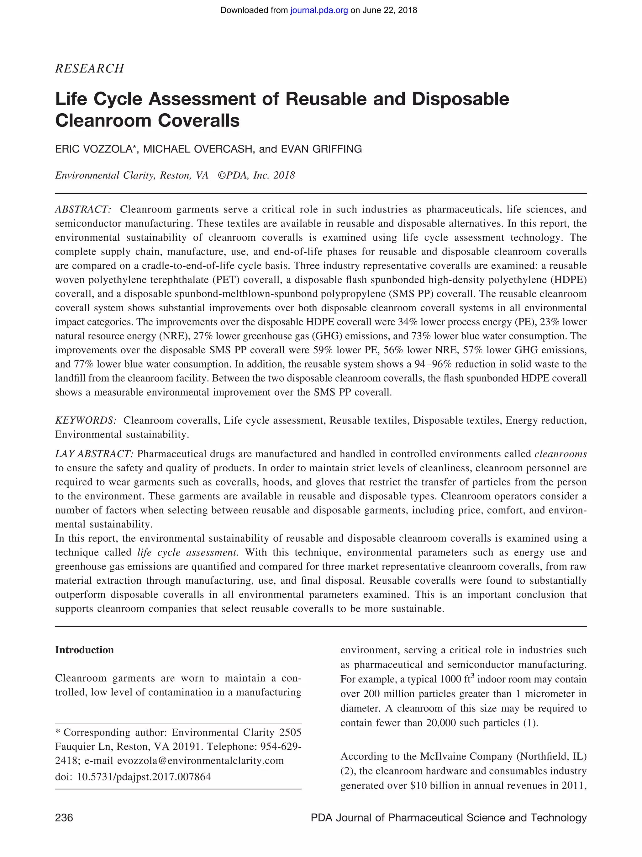 RESEARCH Life Cycle Assessment of Reusable and Disposable Cleanroom ...
