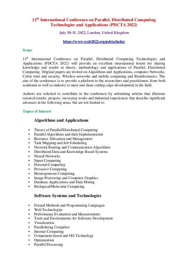 Call for paper-11th International Conference on Parallel, Distributed Computing Technologies and ...