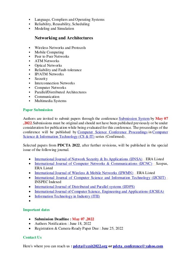 Call for paper-11th International Conference on Parallel, Distributed Computing Technologies and ...