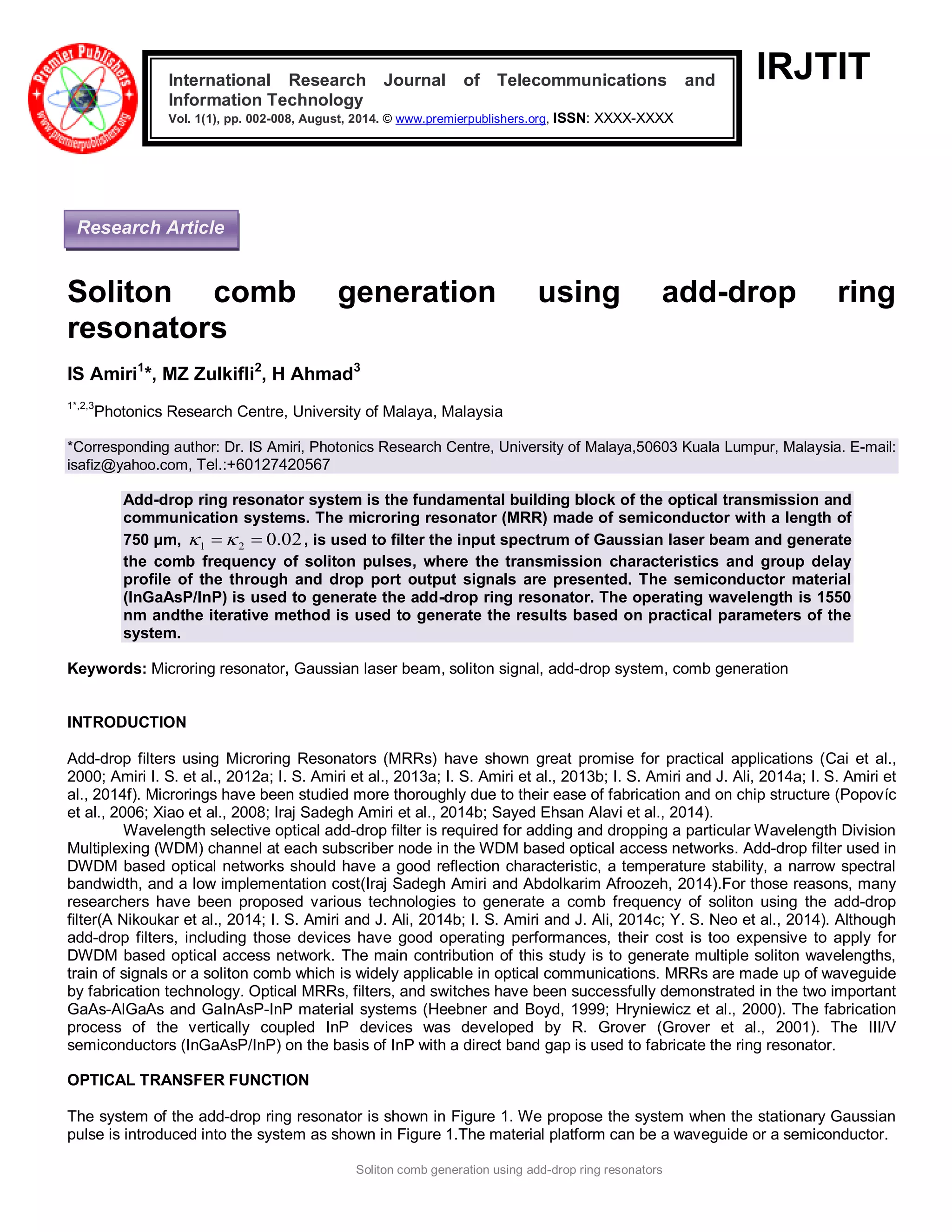 Soliton comb generation using add-drop ring resonators | PDF
