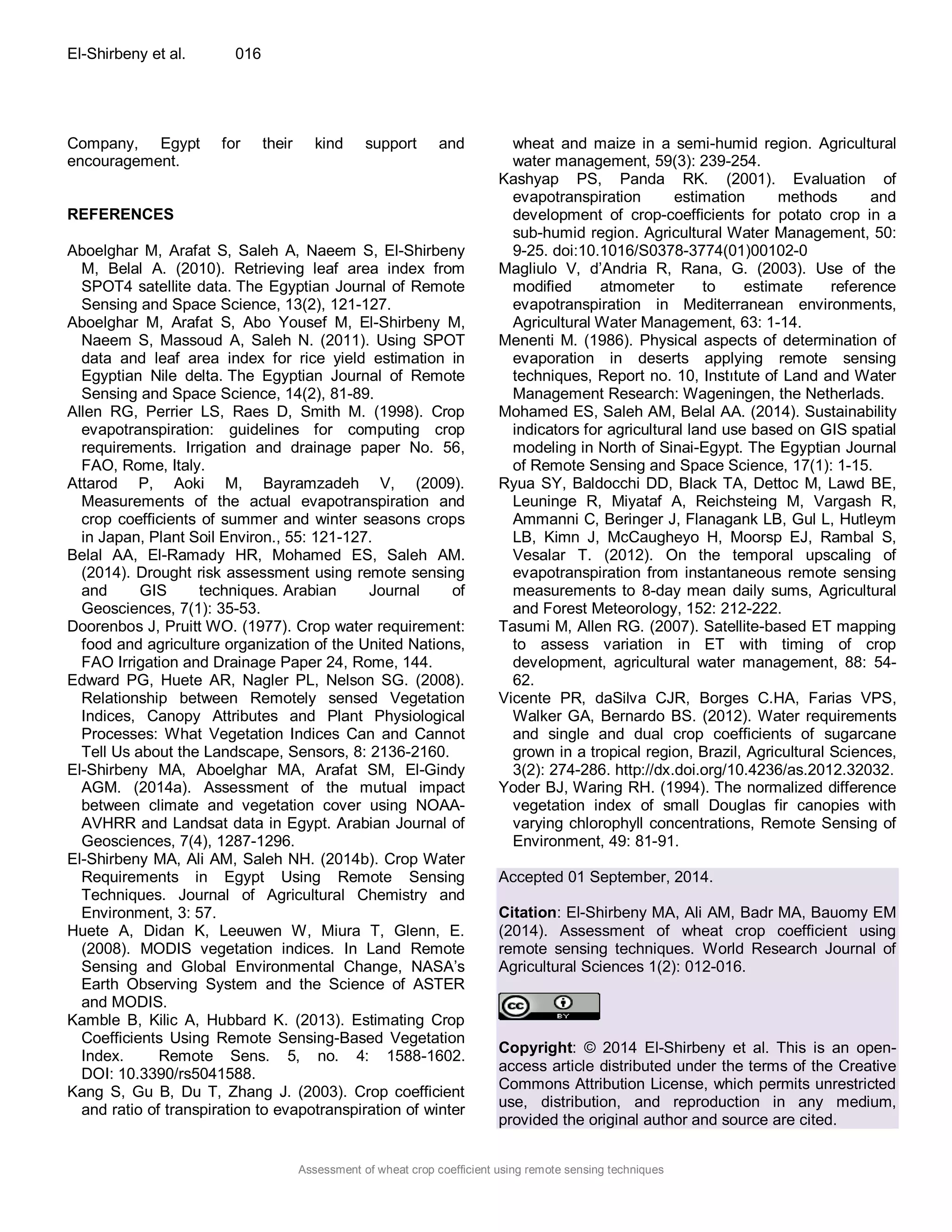 Assessment of wheat crop coefficient using remote sensing techniques | PDF