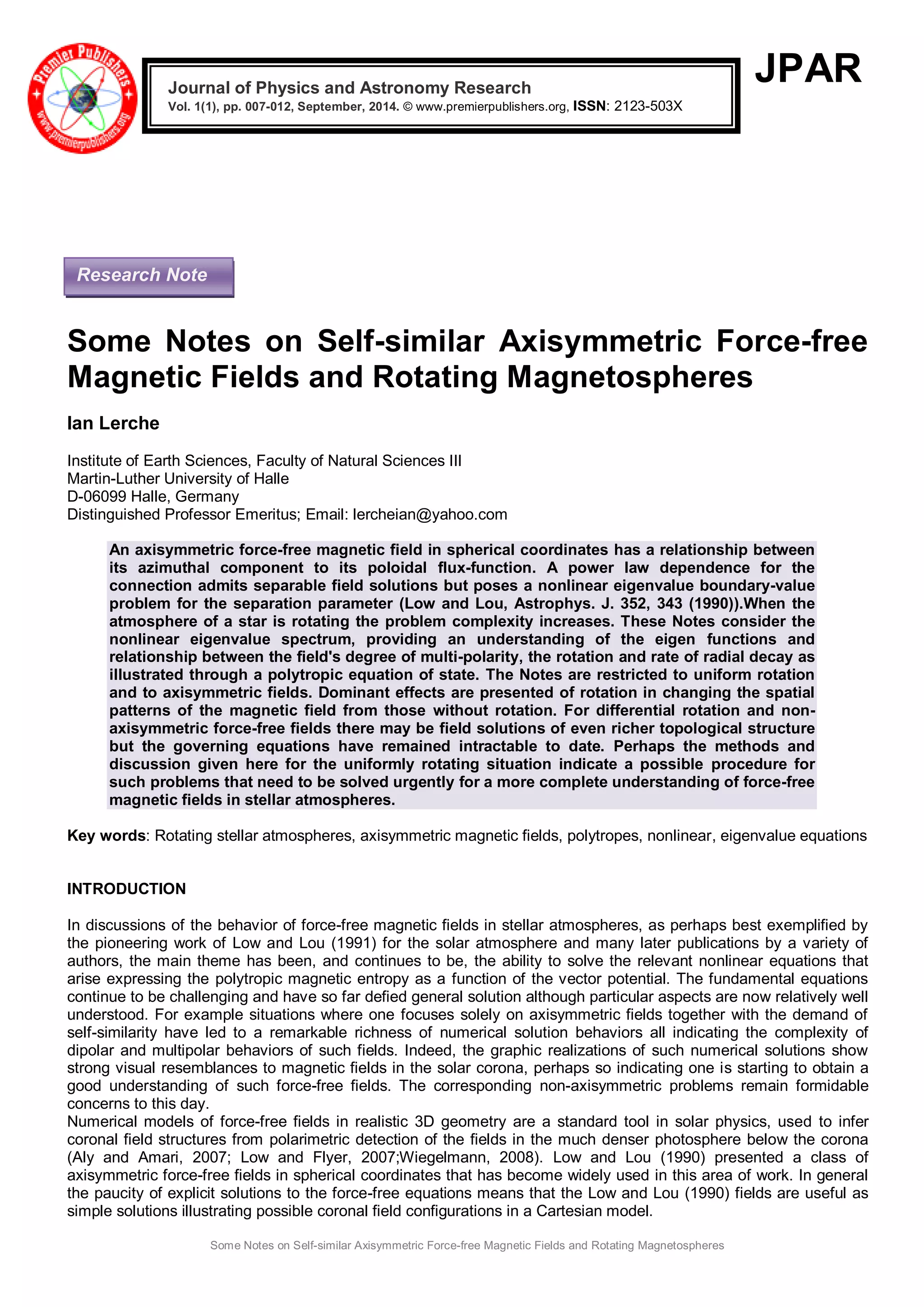Some Notes on Self-similar Axisymmetric Force-free Magnetic Fields and ...
