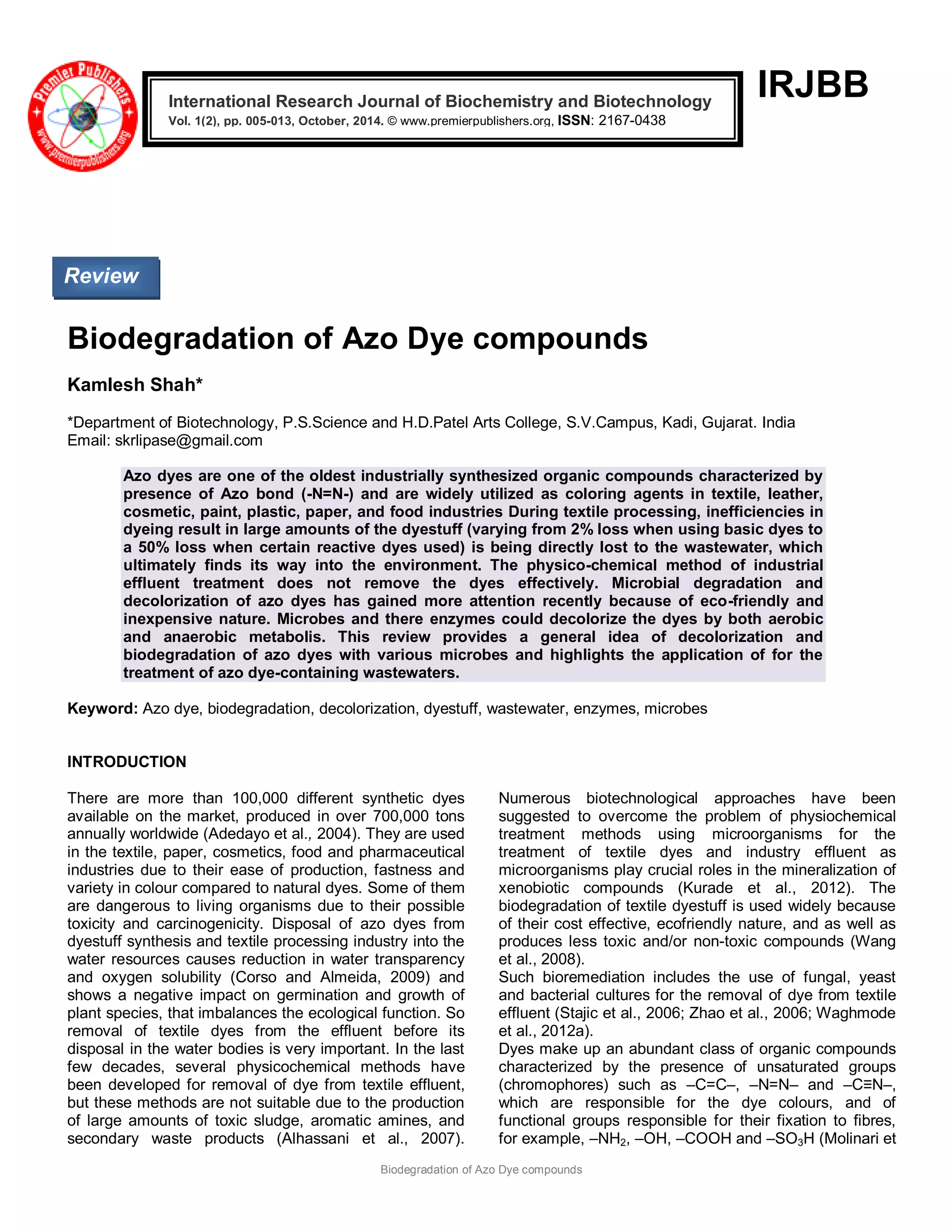 Biodegradation of Azo Dye compounds | PDF