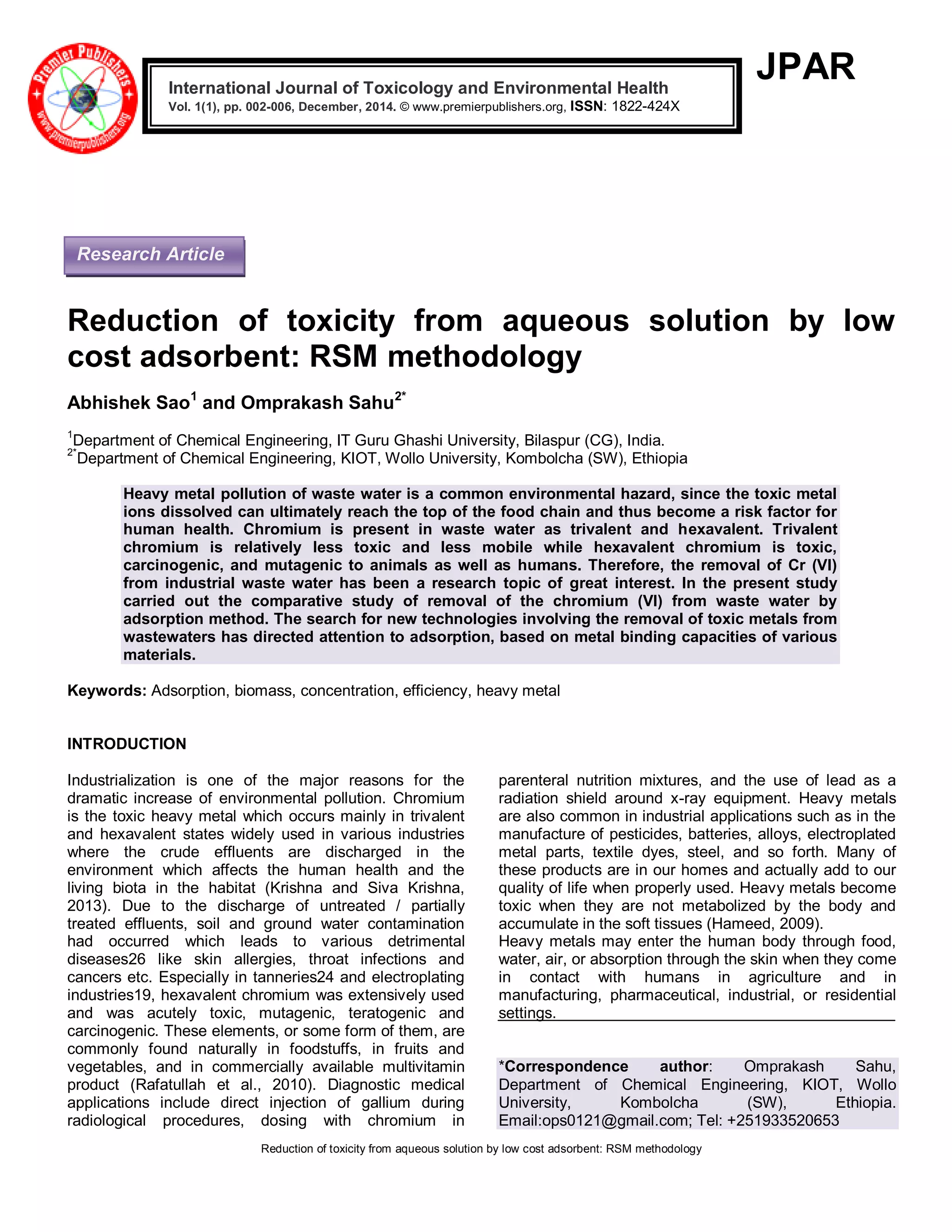 Reduction of toxicity from aqueous solution by low cost adsorbent: RSM ...