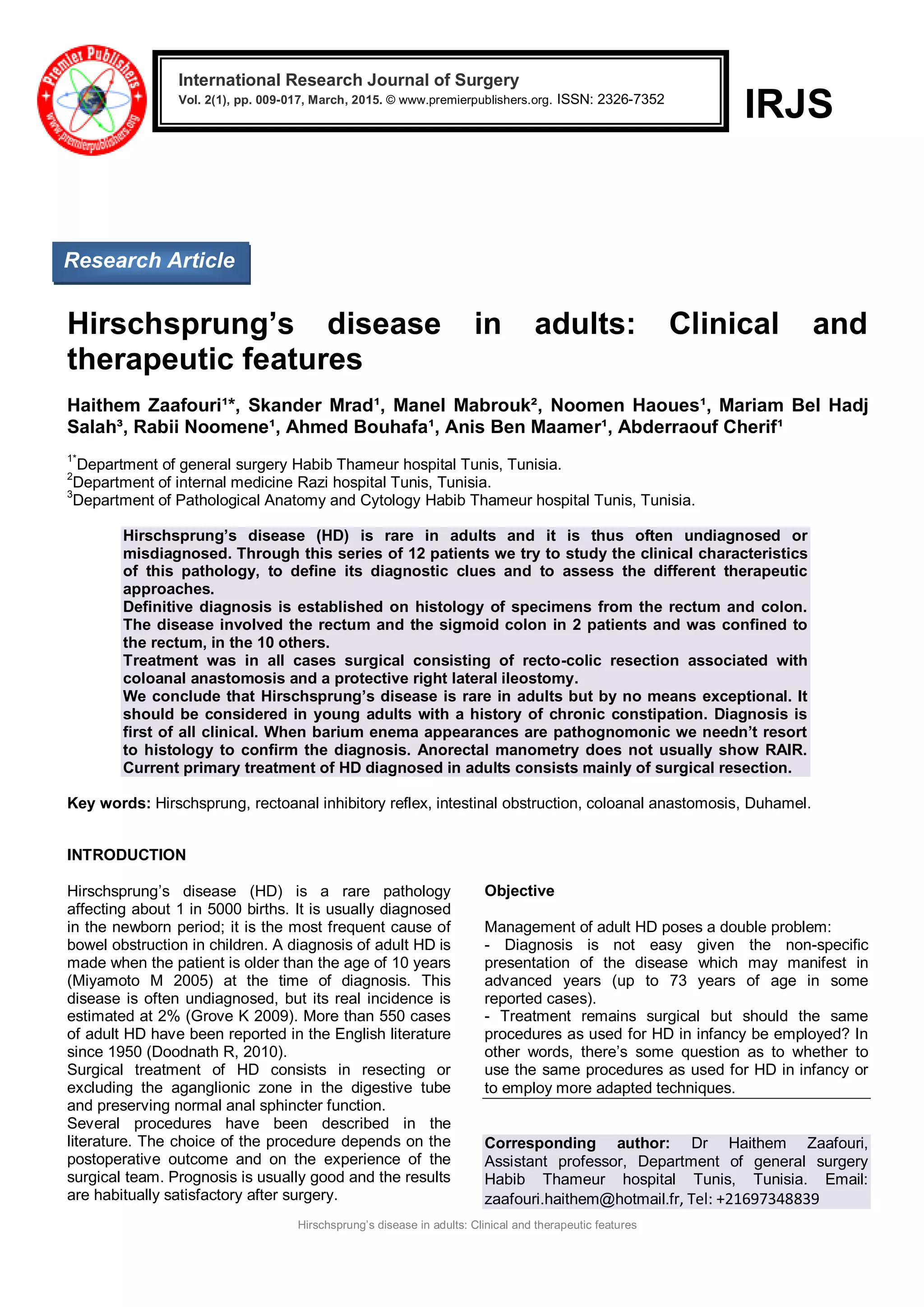 Hirschsprung’s disease in adults: Clinical and therapeutic features | PDF