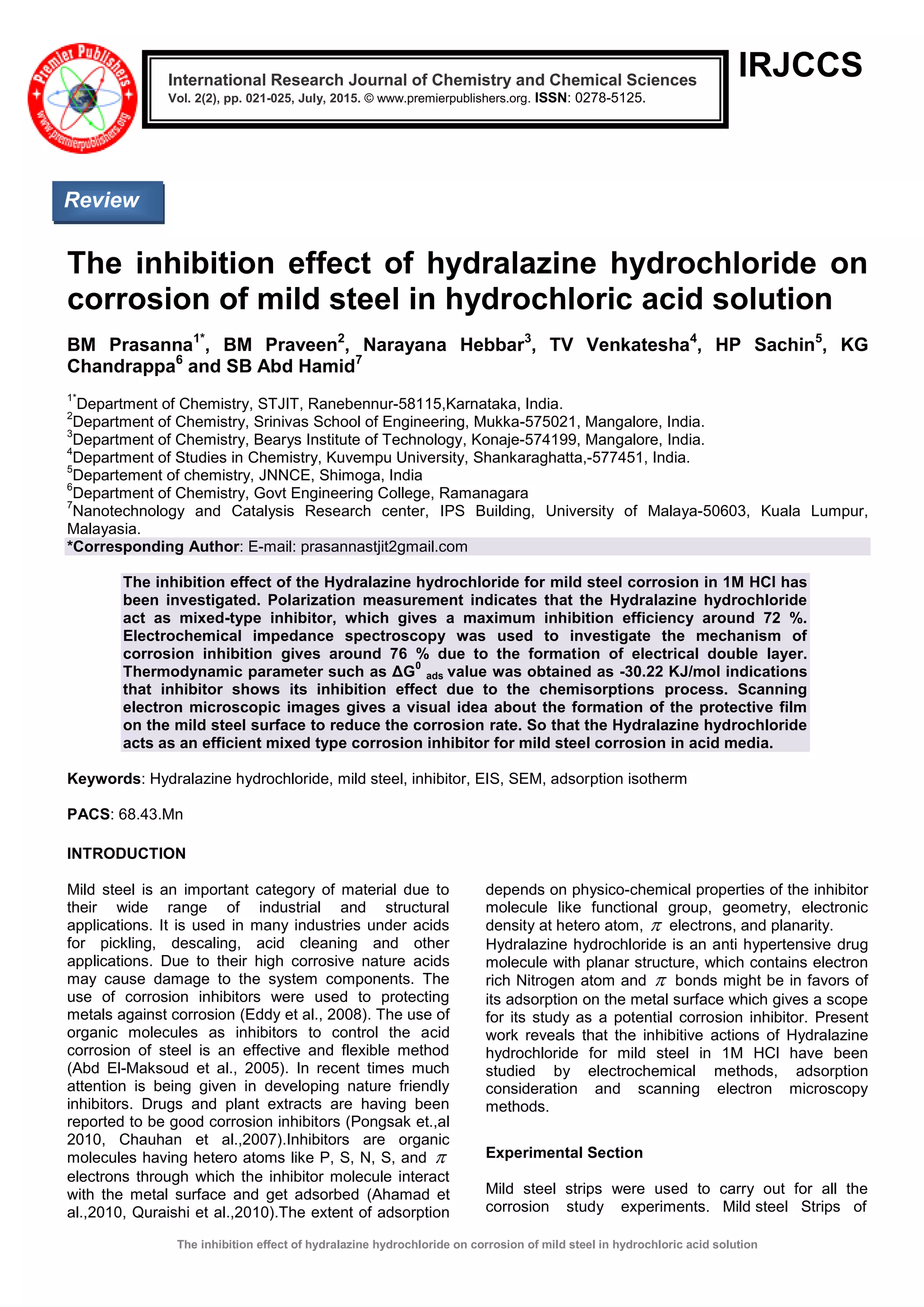 The inhibition effect of hydralazine hydrochloride on corrosion of mild ...