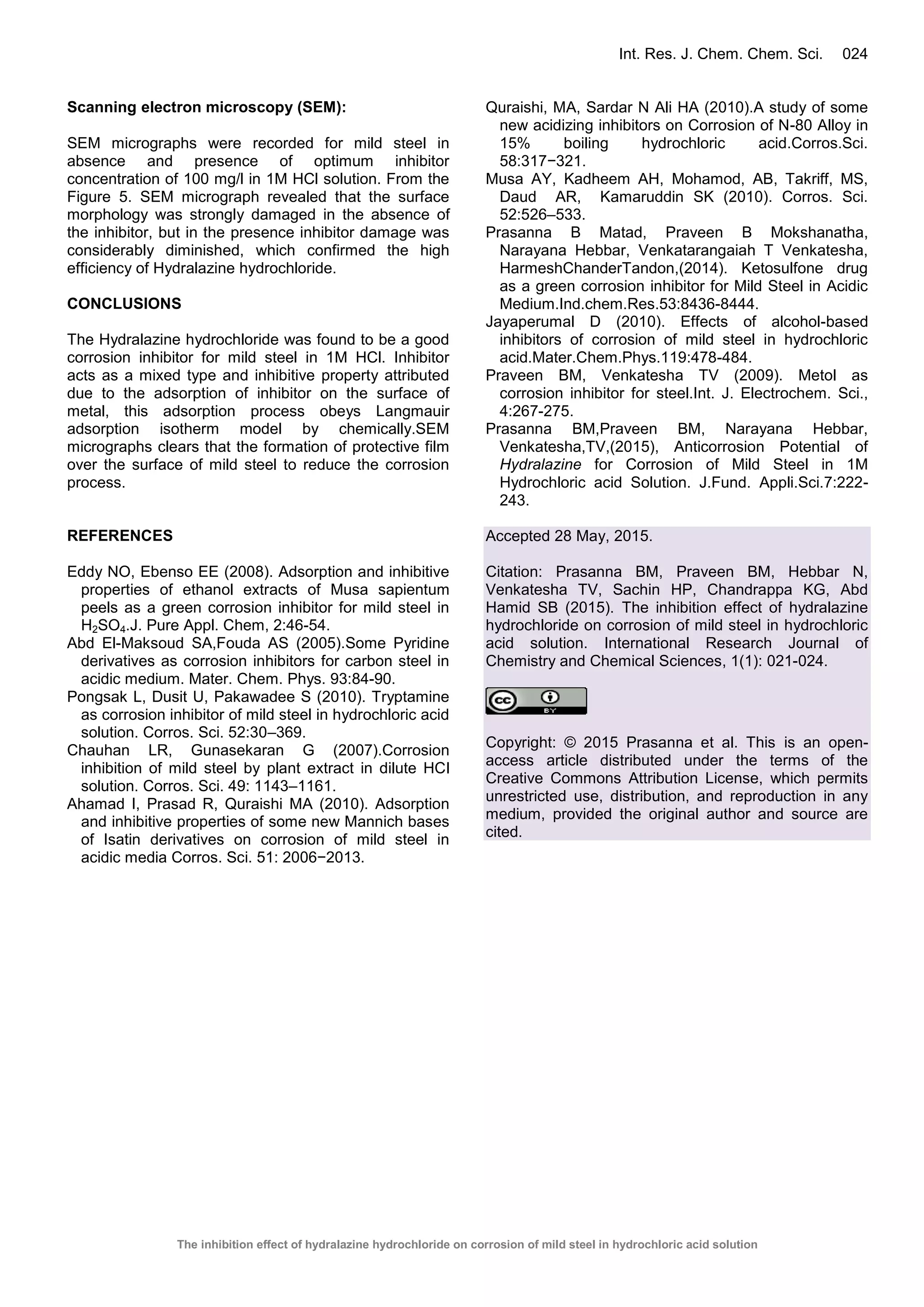 The inhibition effect of hydralazine hydrochloride on corrosion of mild ...