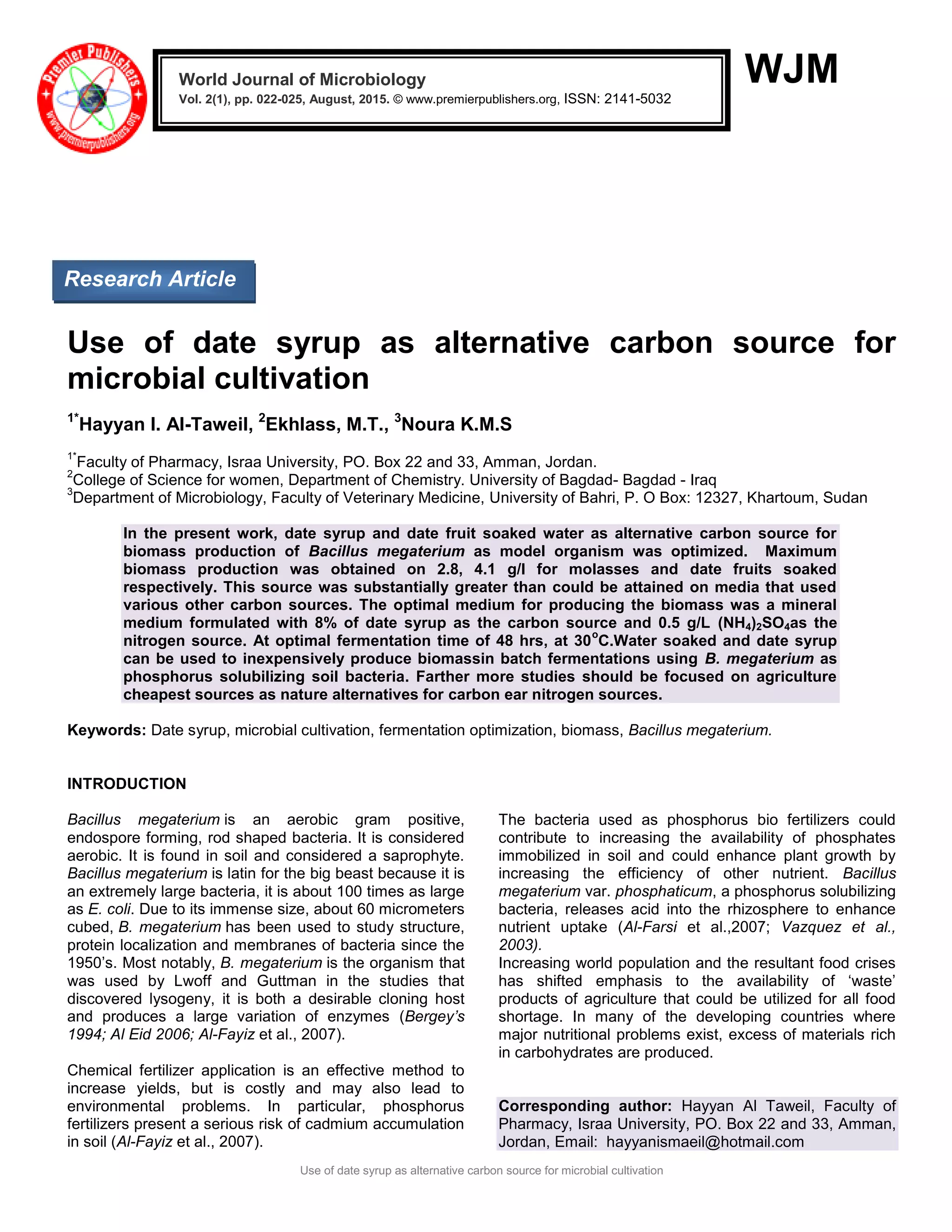 Use of date syrup as alternative carbon source for microbial ...